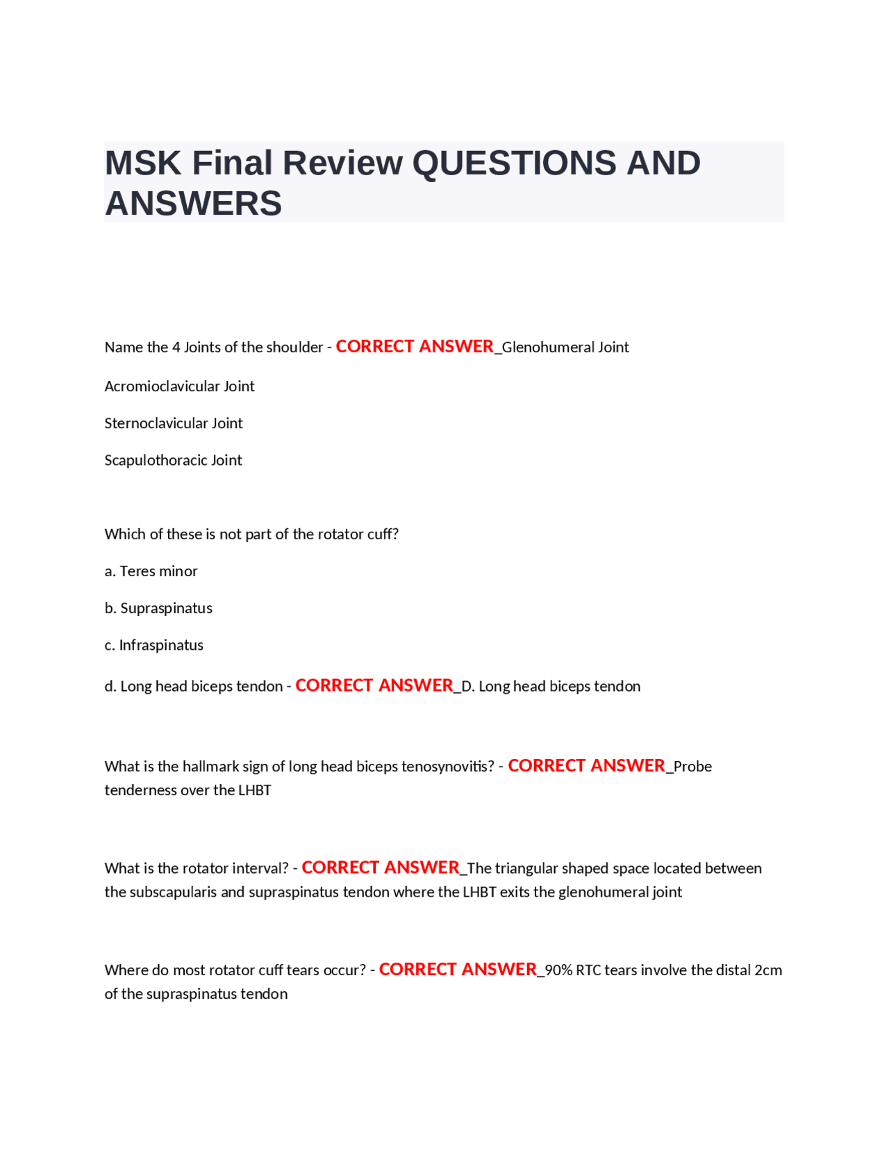 MSK Final Review QUESTIONS AND ANSWERS | Exams Nursing | Docsity
