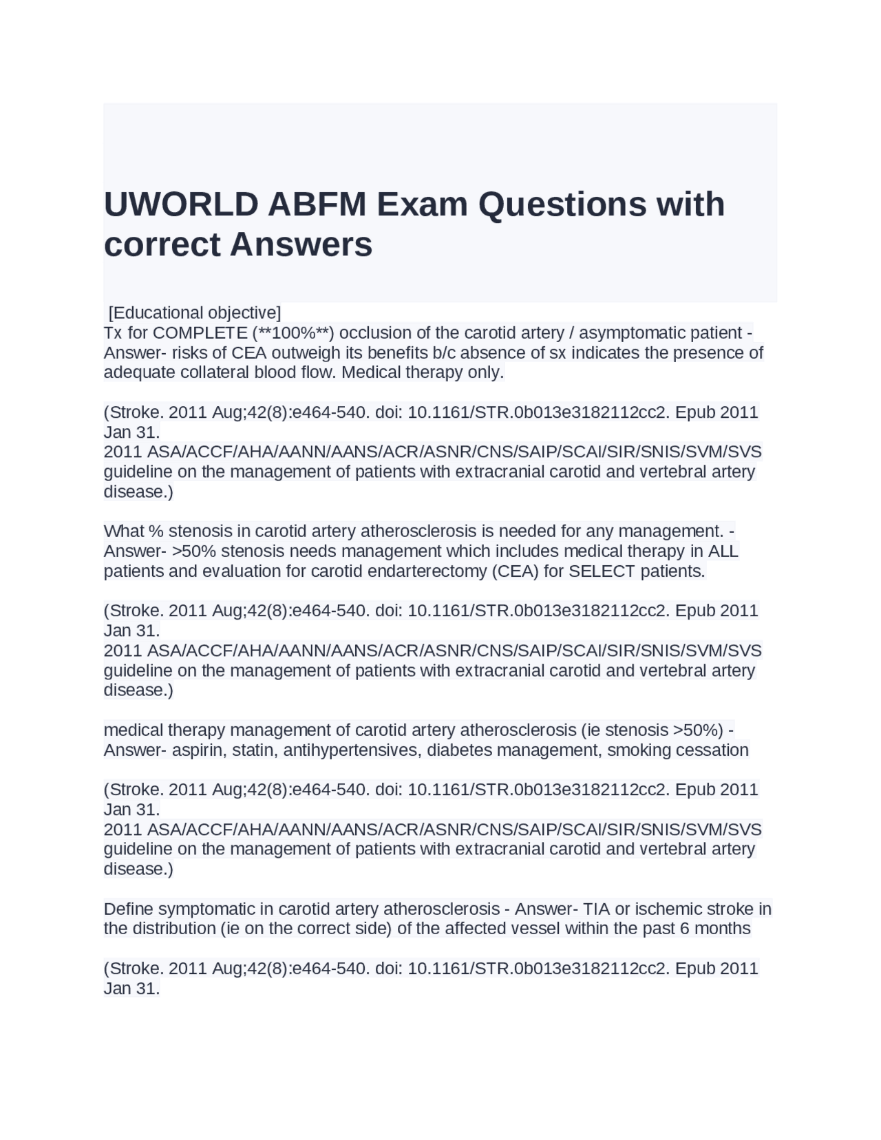 UWORLD ABFM Exam Questions with correct Answers | Exams Nursing | Docsity