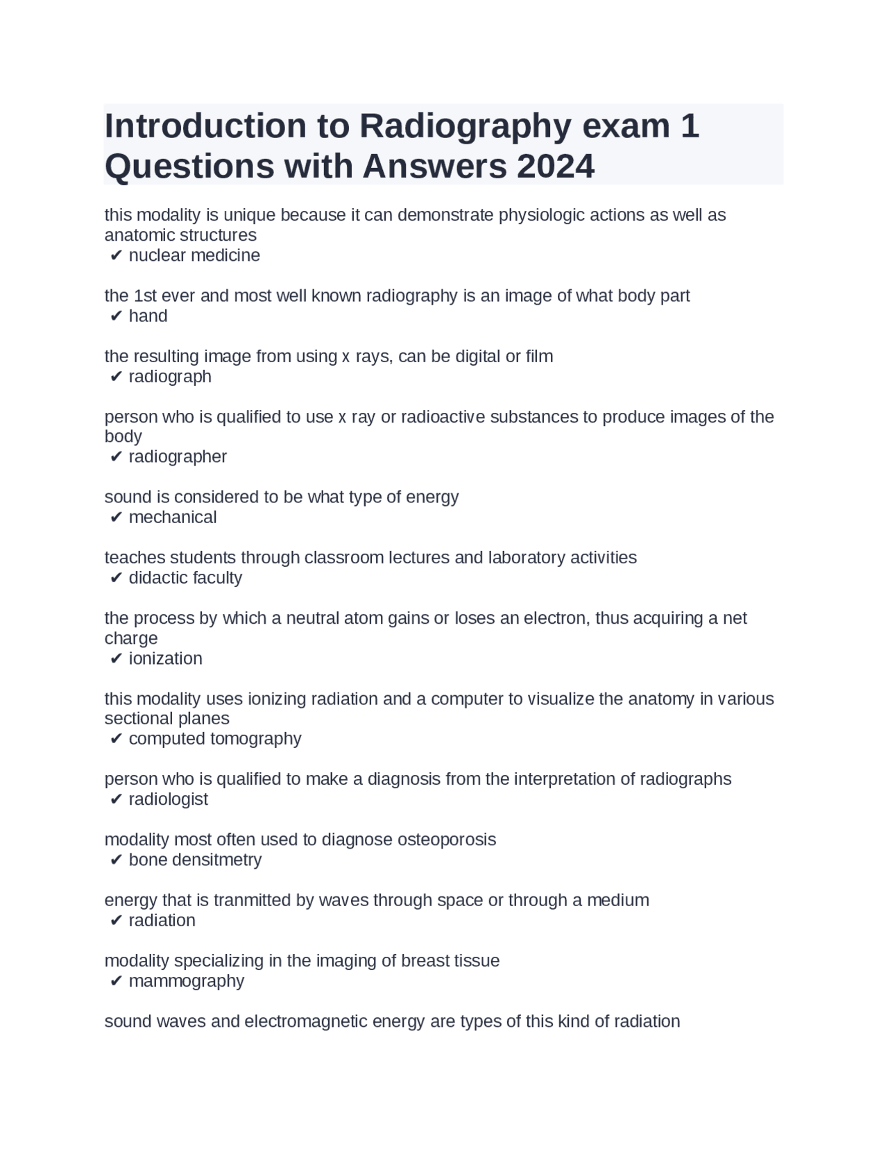 Introduction to Radiography exam 1 Questions with Answers 2024 | Exams ...