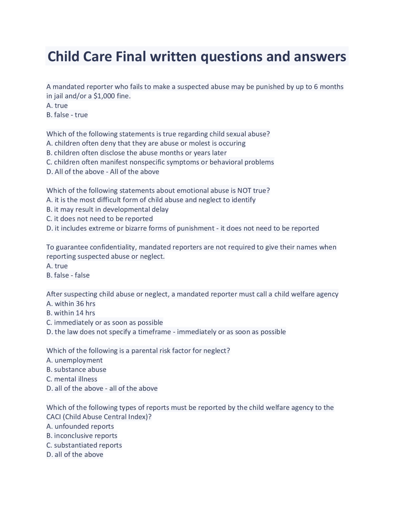 Child Care Final Exam: Mandated Reporting and Child Abuse Prevention ...