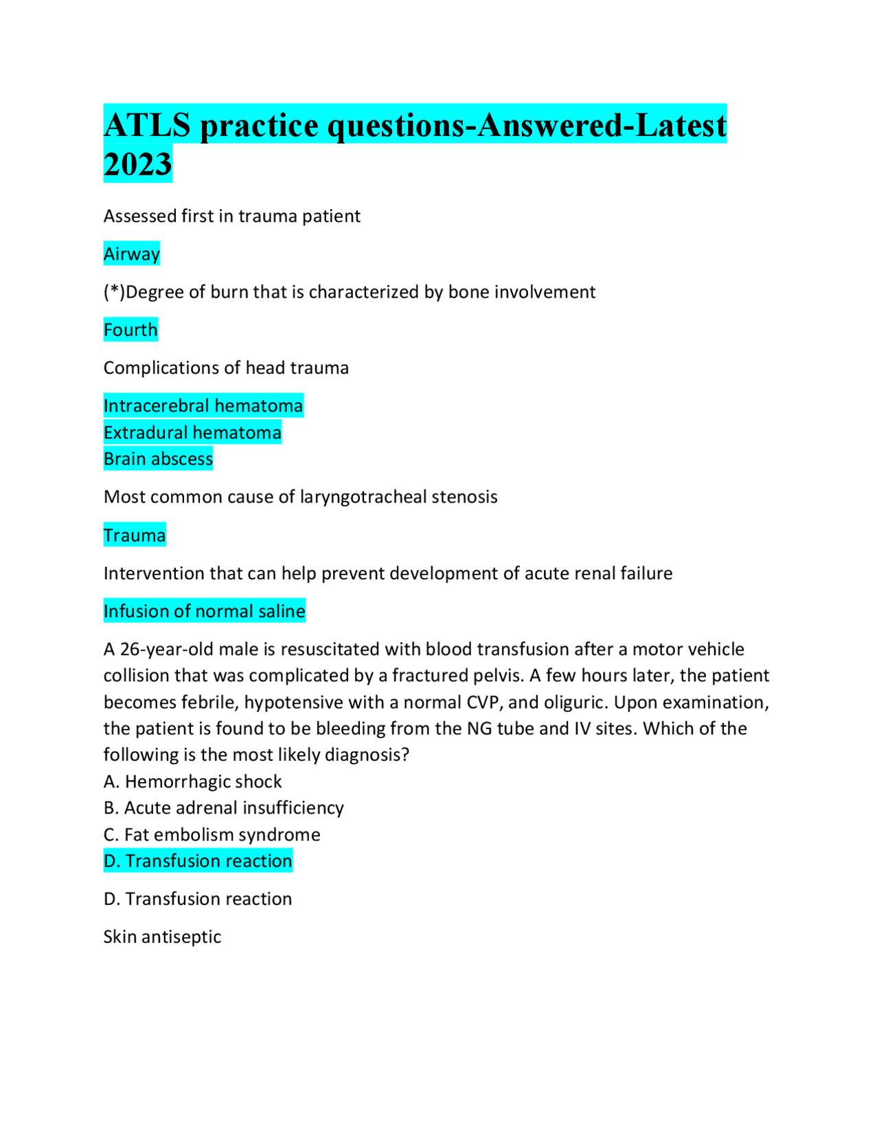 ATLS practice questions-Answered-Latest 2023 | Exams Nursing | Docsity