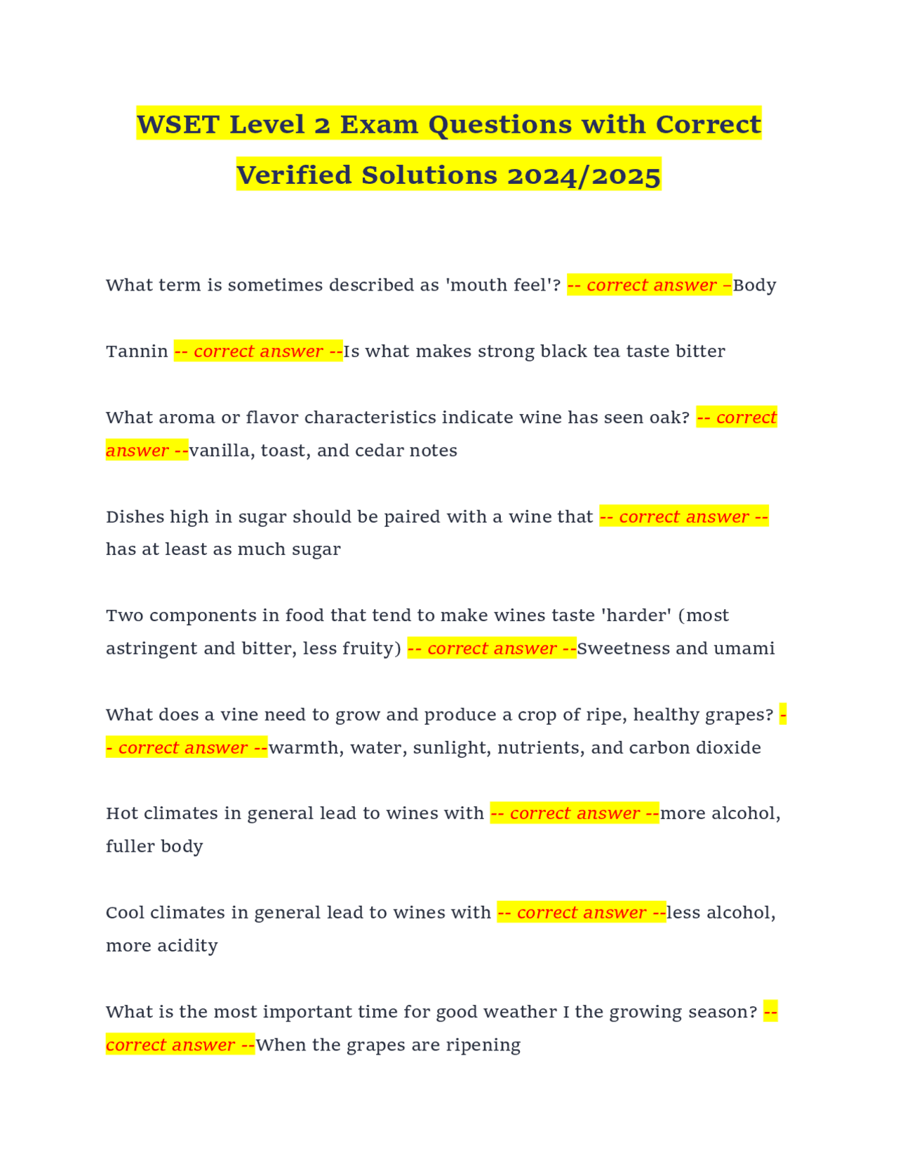 WSET Level 2 Exam Questions with Correct Verified Solutions 2024/2025 ...