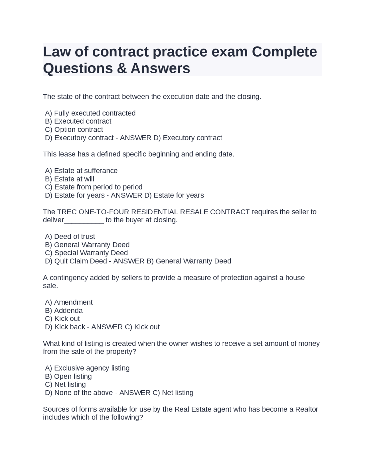Law of contract practice exam Complete Questions & Answers | Exams ...