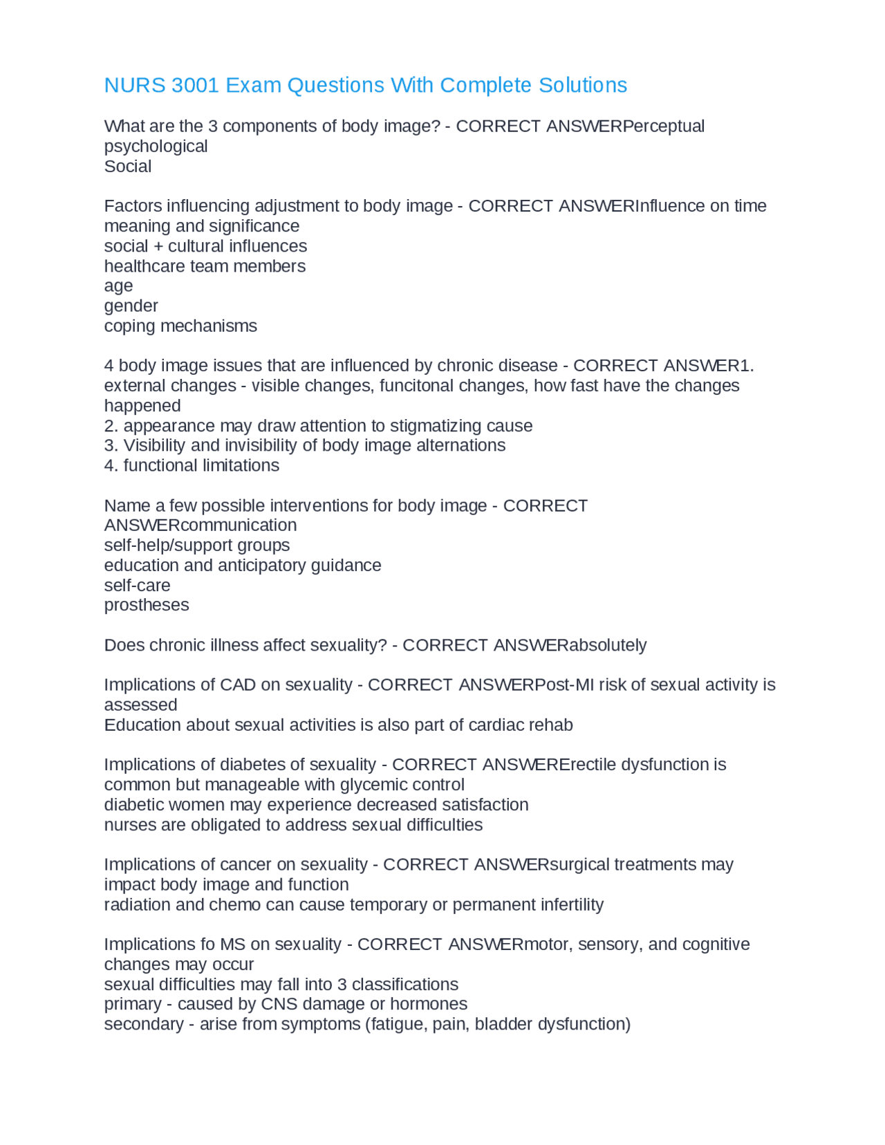 NURS 3001 Exam Questions With Complete Solutions | Exams Nursing | Docsity