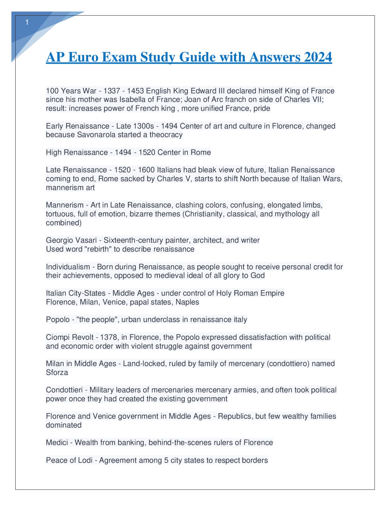 AP Euro Exam Study Guide with Answers 2024 | Exams Nursing | Docsity