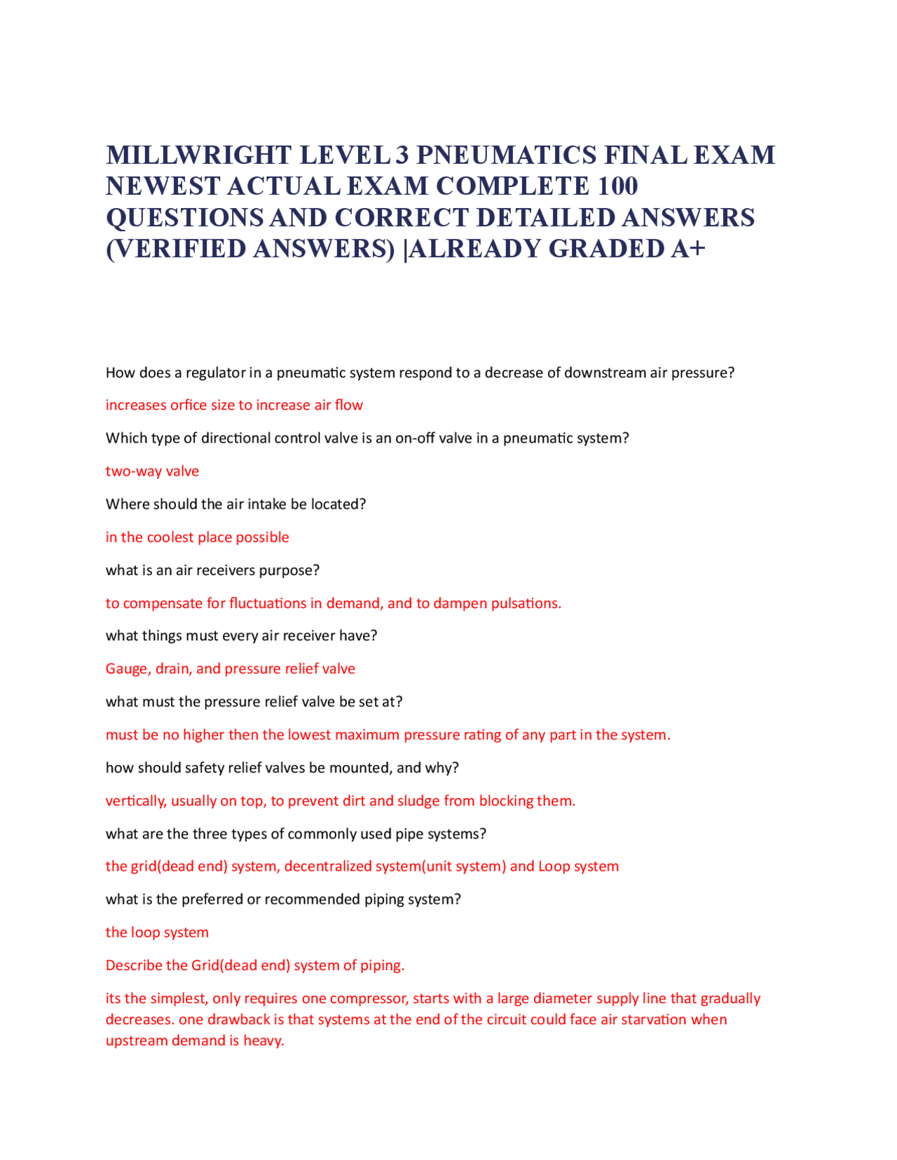 MILLWRIGHT LEVEL 3 PNEUMATICS FINAL EXAM NEWEST ACTUAL | Exams Nursing ...