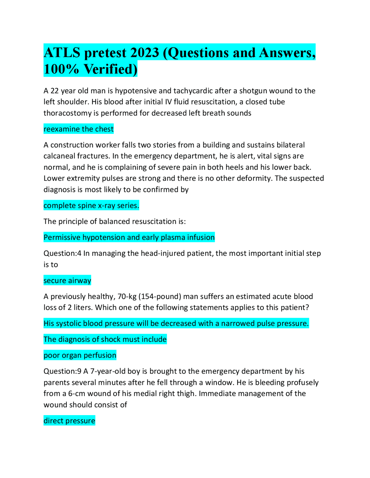ATLS pretest 2023 (Questions and Answers, 100% Verified) | Exams ...