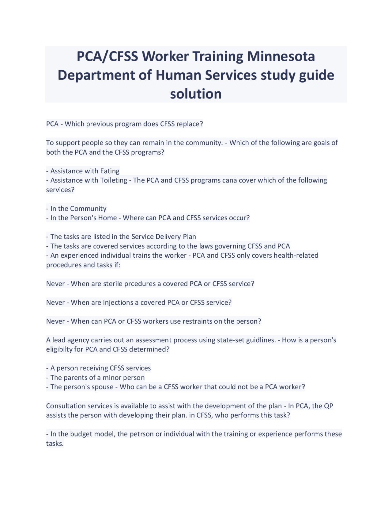 PCA CFSS Worker Training Minnesota Department of Human Services study ...