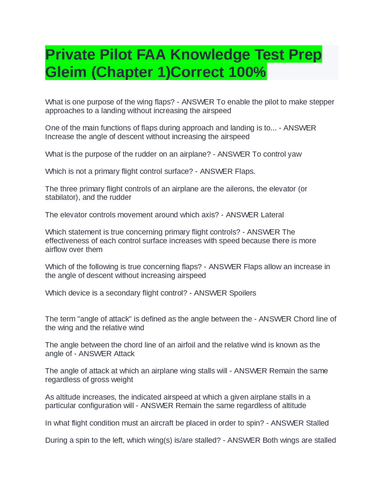 Private Pilot FAA Knowledge Test Prep Gleim (Chapter 1)Correct 100% ...