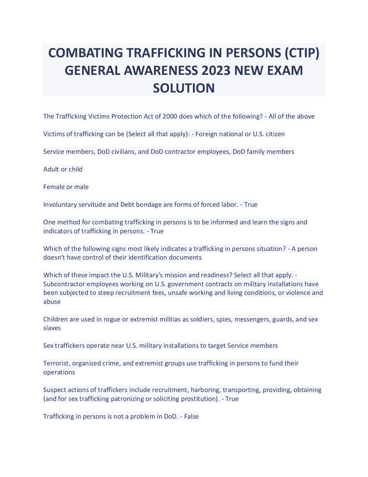 COMBATING TRAFFICKING IN PERSONS (CTIP) GENERAL AWARENESS 2024 NEW EXAM ...