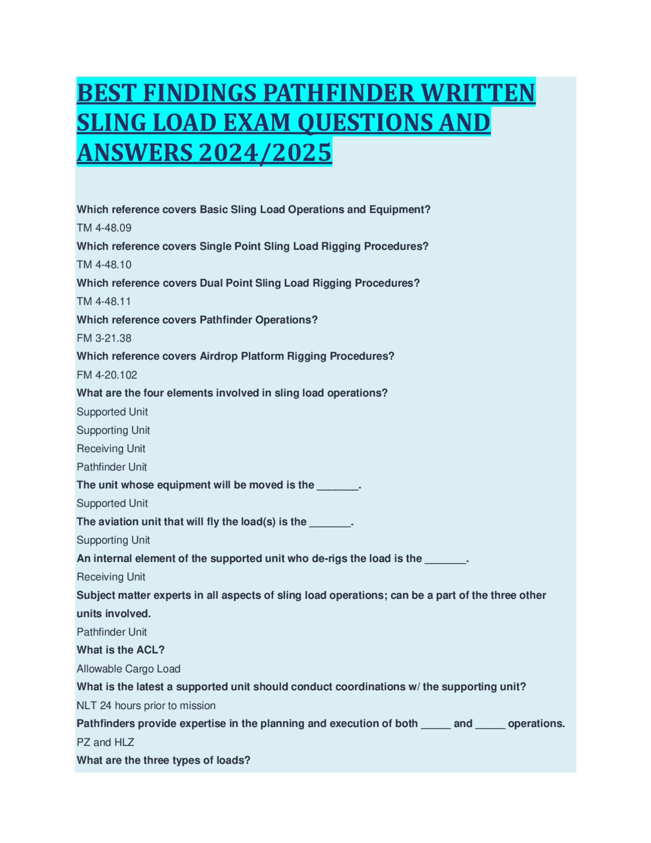 BEST FINDINGS PATHFINDER WRITTEN SLING LOAD EXAM QUESTIONS AND ANSWERS ...