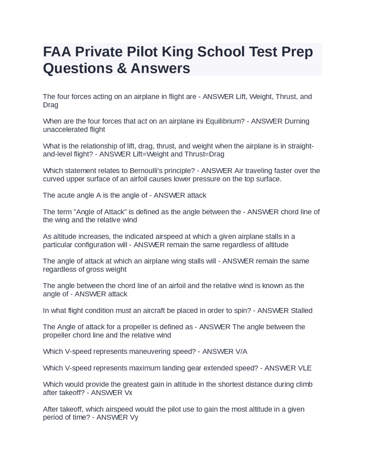 FAA Private Pilot King School Test Prep Questions & Answers | Exams ...