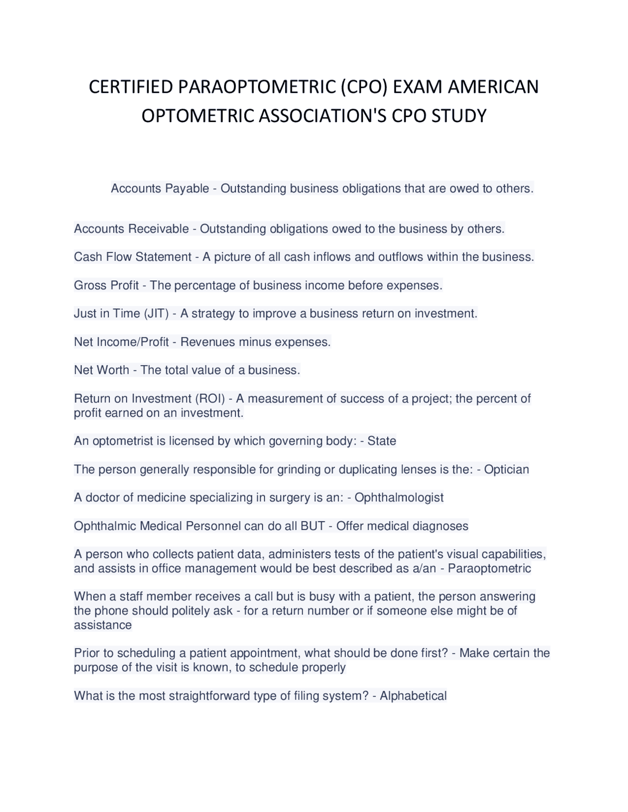 CERTIFIED PARAOPTOMETRIC (CPO) EXAM AMERICAN OPTOMETRIC ASSOCIATION'S ...