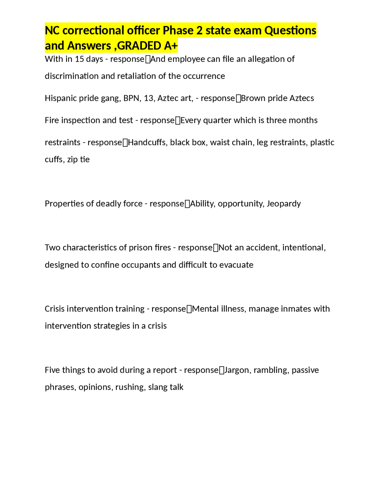 NC correctional officer Phase 2 state exam Questions and Answers ...