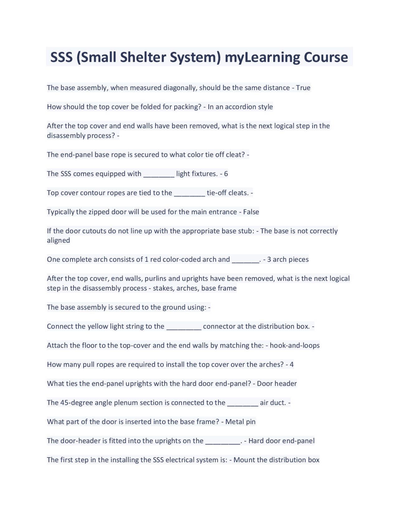 SSS (Small Shelter System) myLearning Course | Exams Engineering | Docsity