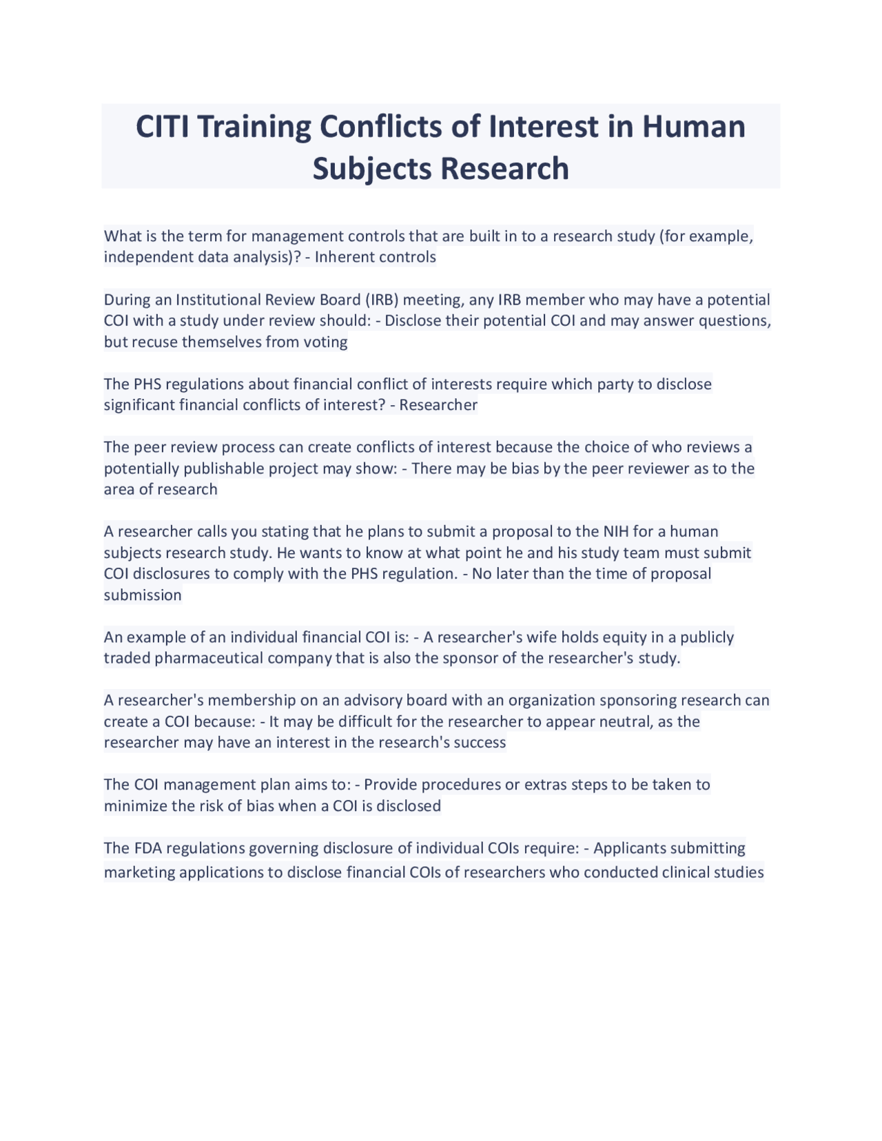 CITI Training Conflicts of Interest in Human Subjects Research | Exams Nursing | Docsity