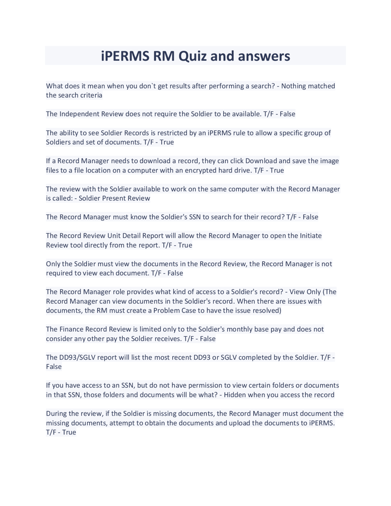 iPERMS RM Quiz and answers | Exams Nursing | Docsity