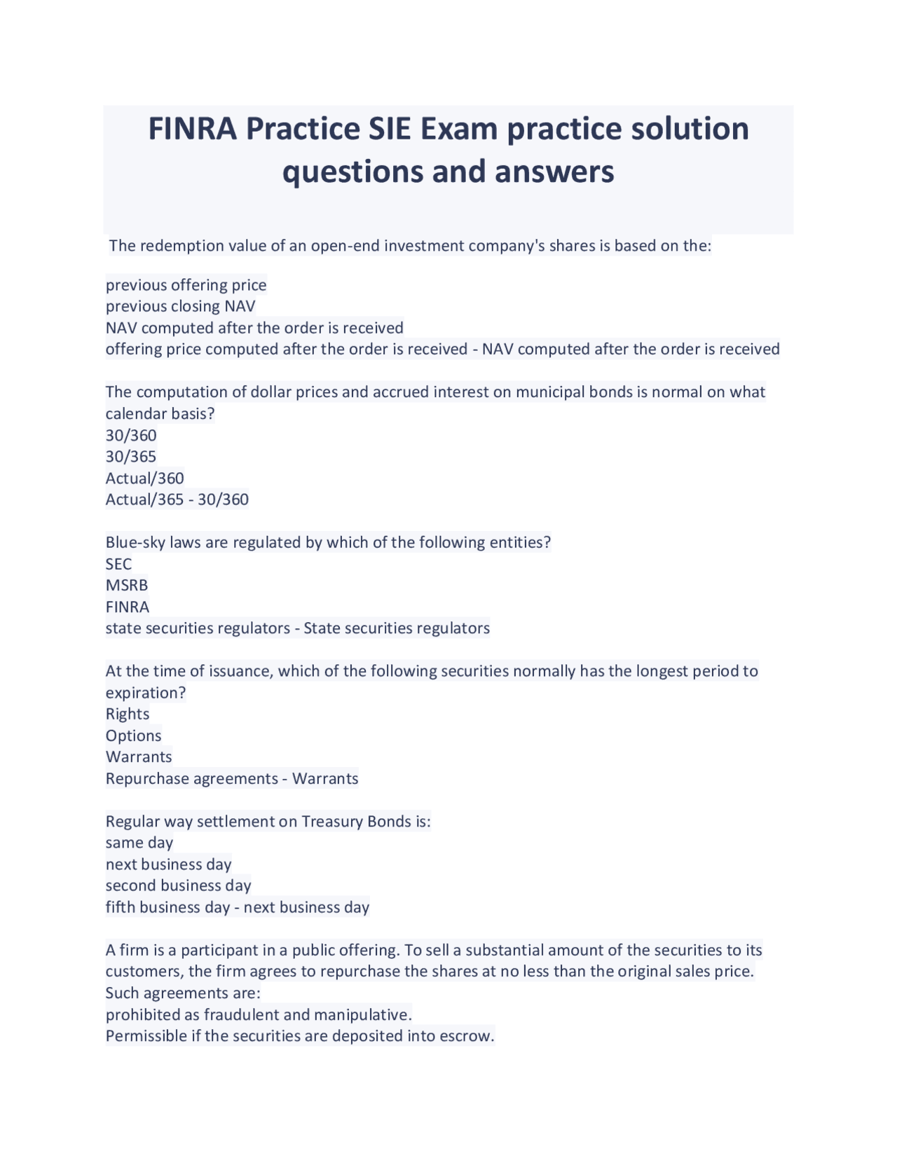 FINRA Practice SIE Exam Practice Solutions | Exams Nursing | Docsity