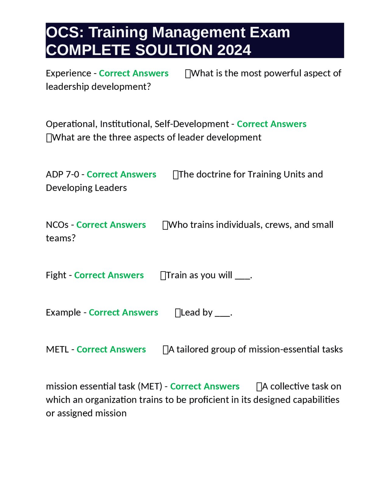 OCS: Training Management Exam COMPLETE SOULTION 2024 | Exams Nursing ...