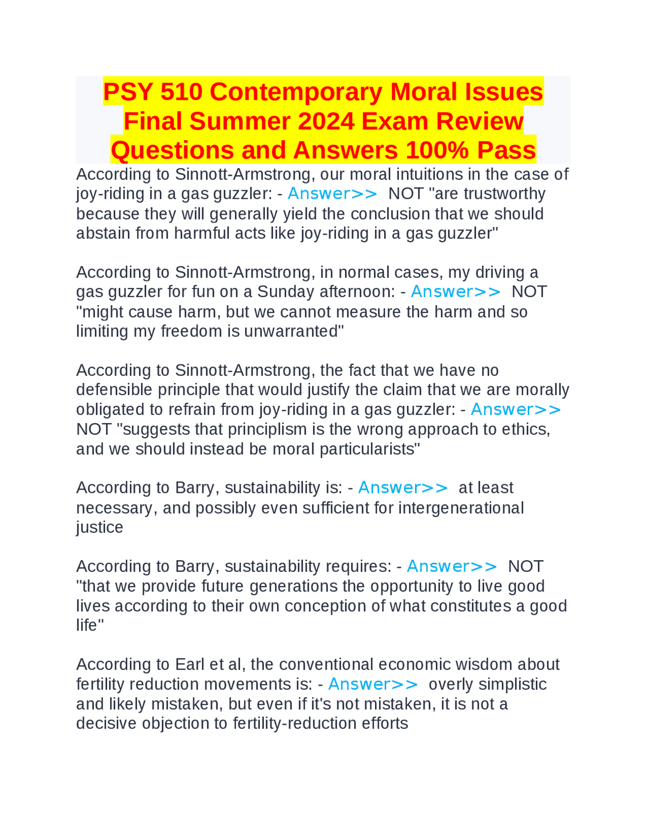 PSY 510 Contemporary Moral Issues Final Summer 2024 Exam Review | Exams Psychology | Docsity