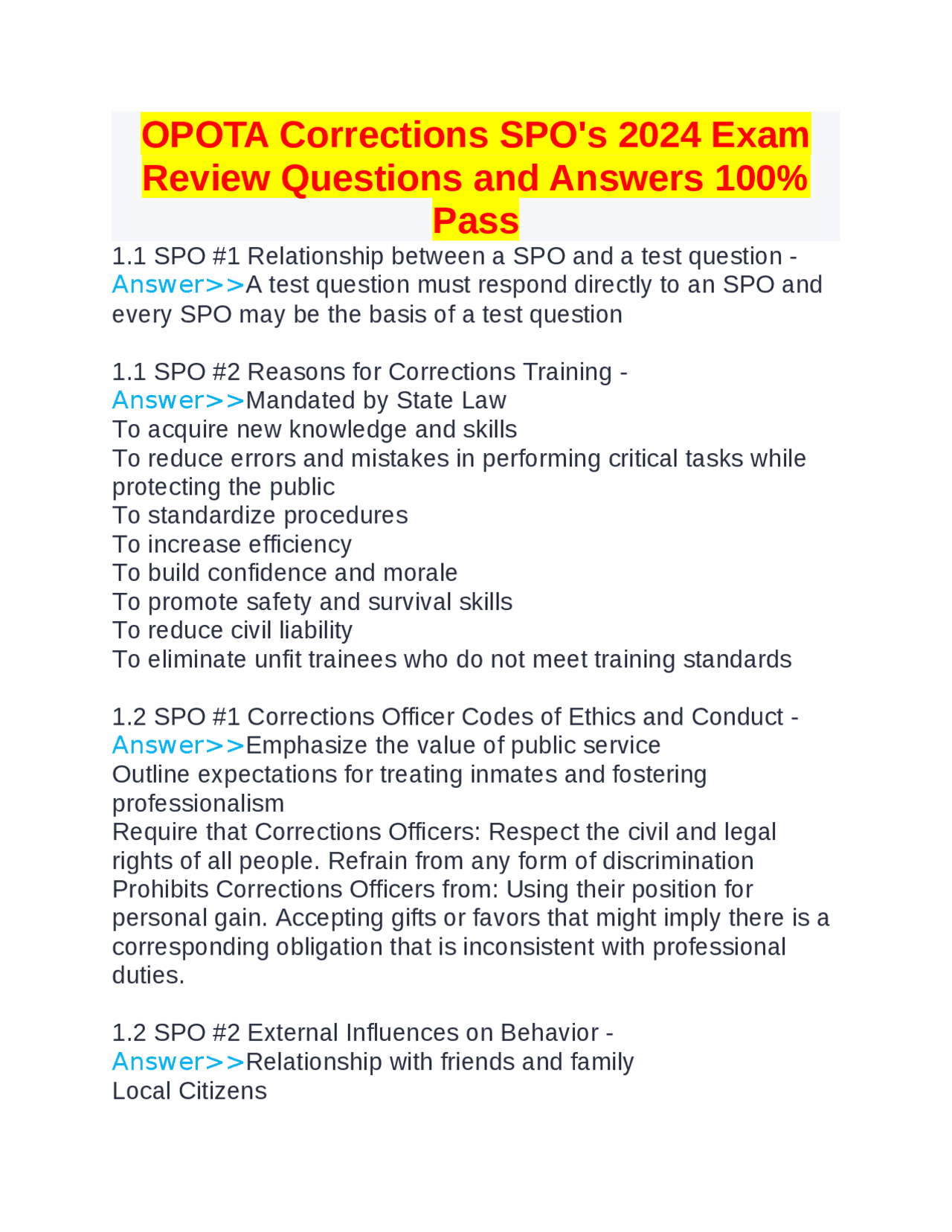 OPOTA Corrections SPO's 2024 Exam Review Questions and Answers 100% ...