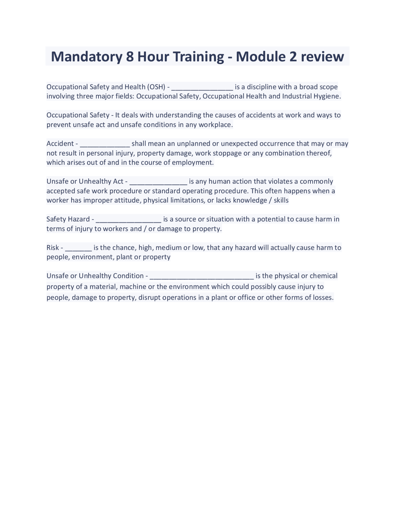 Mandatory 8 Hour Training - Module 2 review | Exams Pharmacy | Docsity