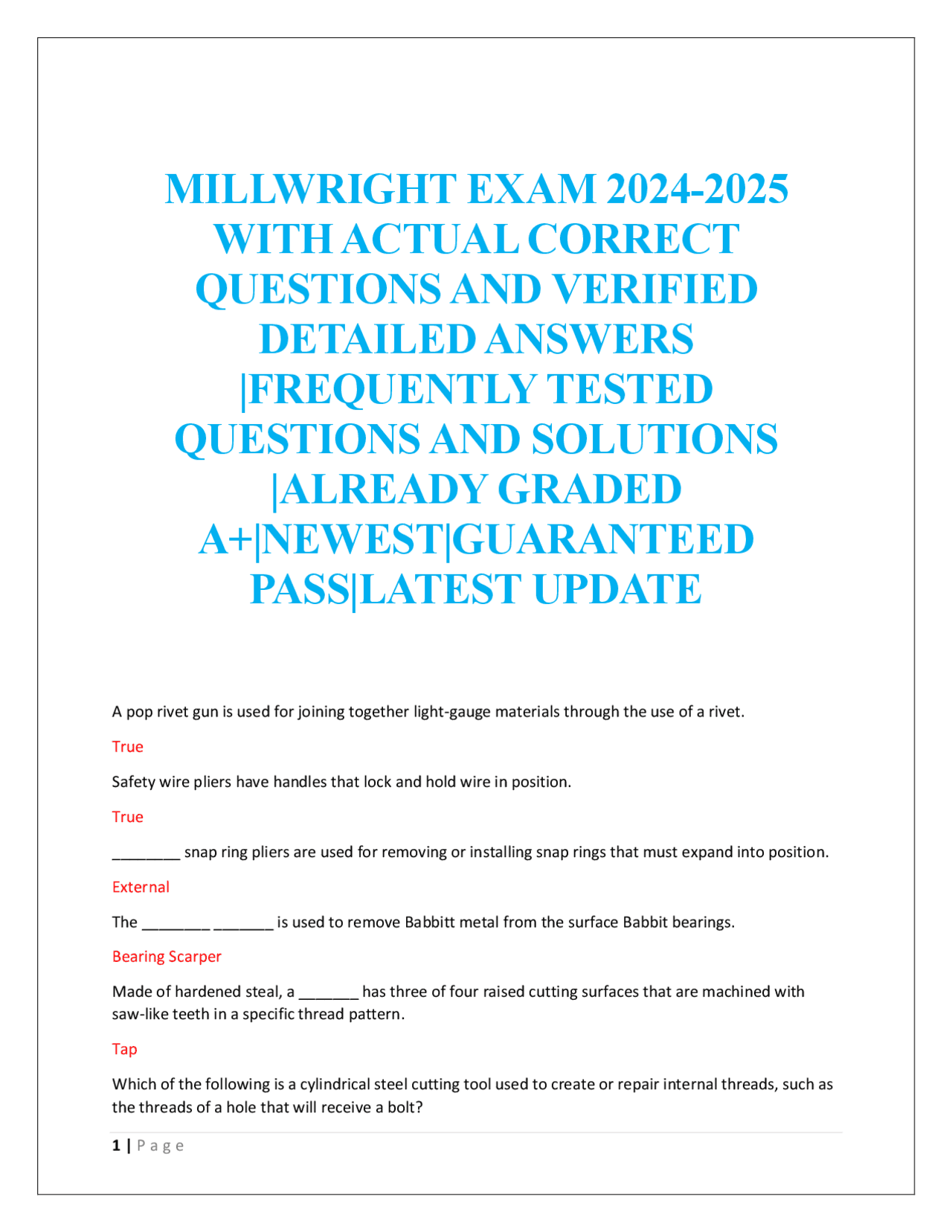 MILLWRIGHT EXAM 2024-2025 | Exams Nursing | Docsity