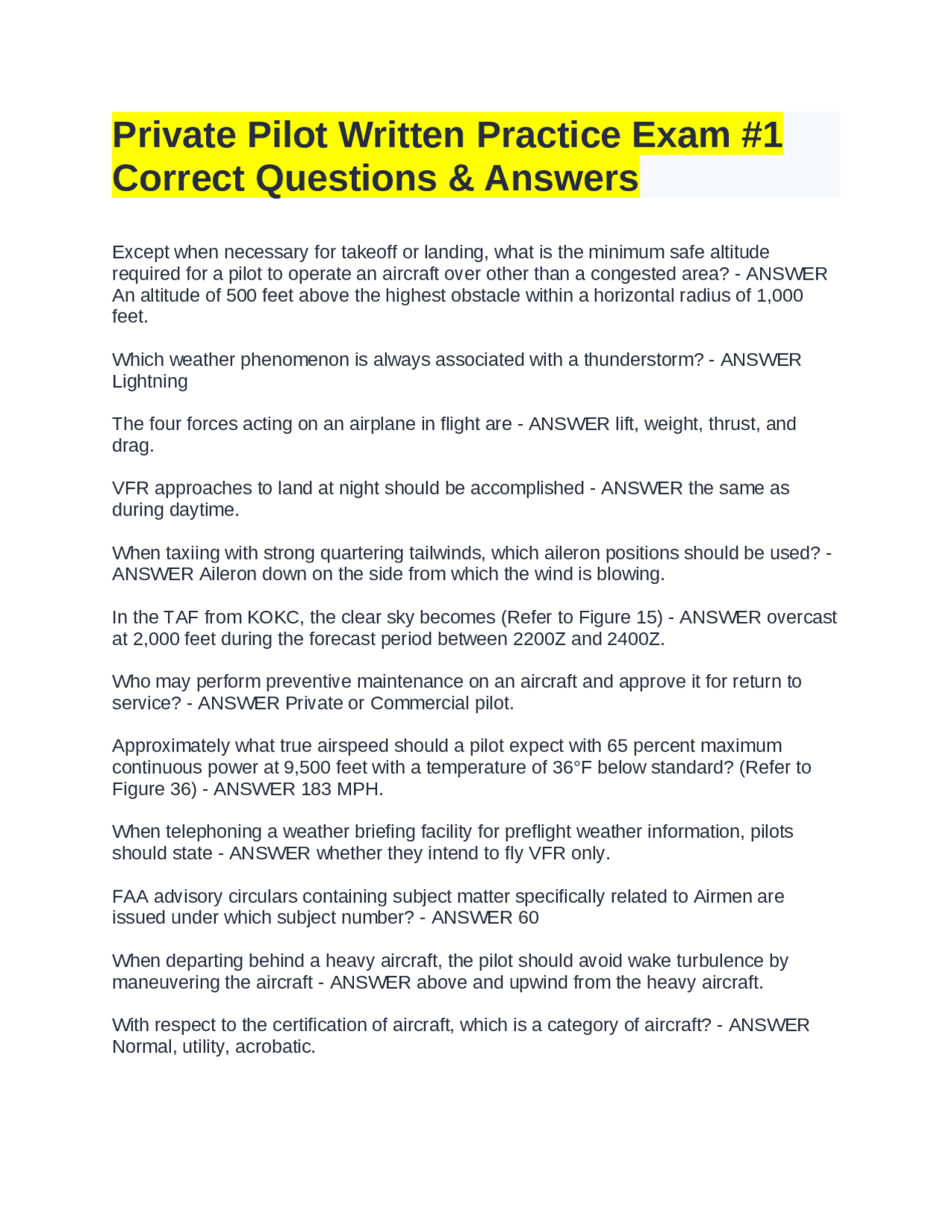 Private Pilot Written Practice Exam #1 Correct Questions & Answers ...