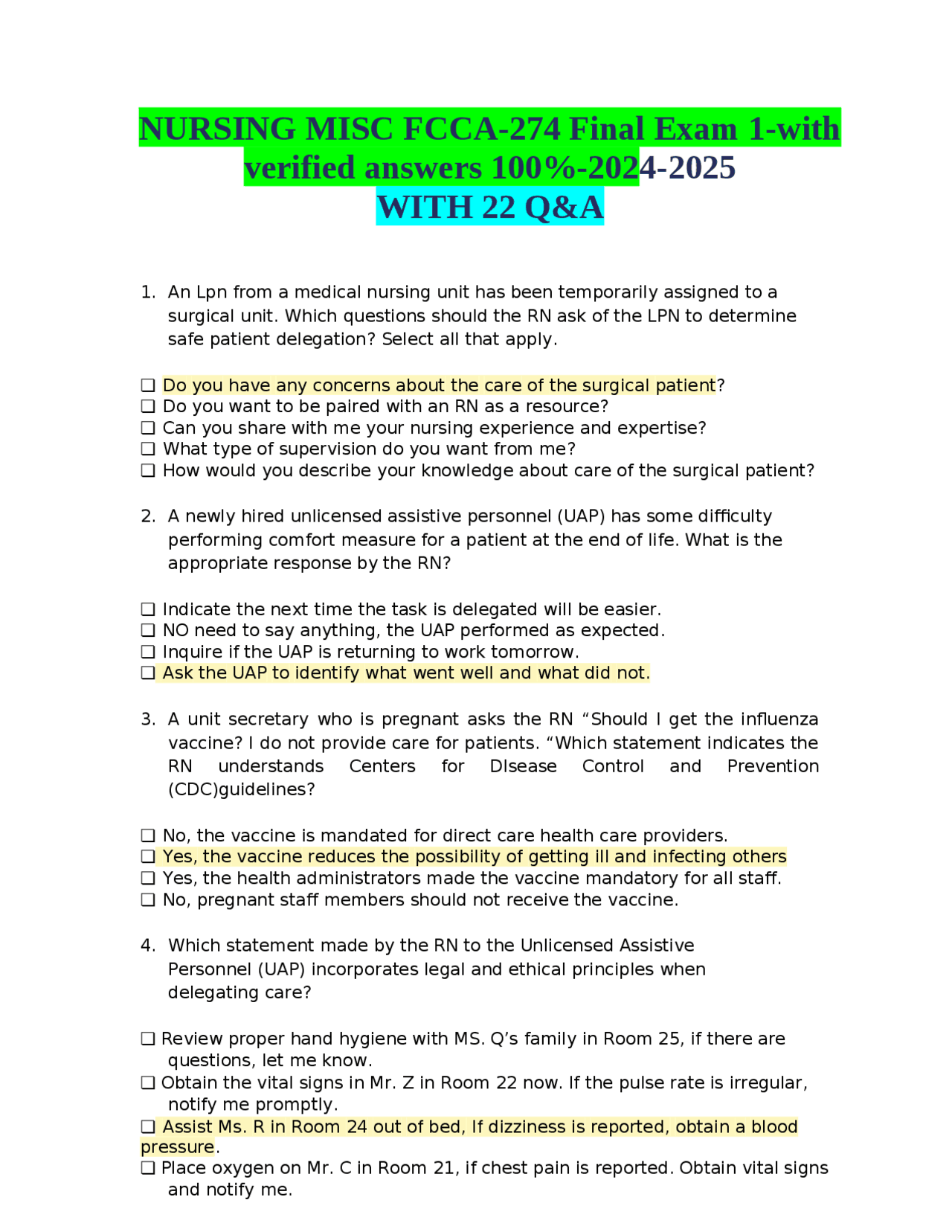 NURSING MISC FCCA-274 Final Exam 1-with verified answers 100%-2024-2025 ...