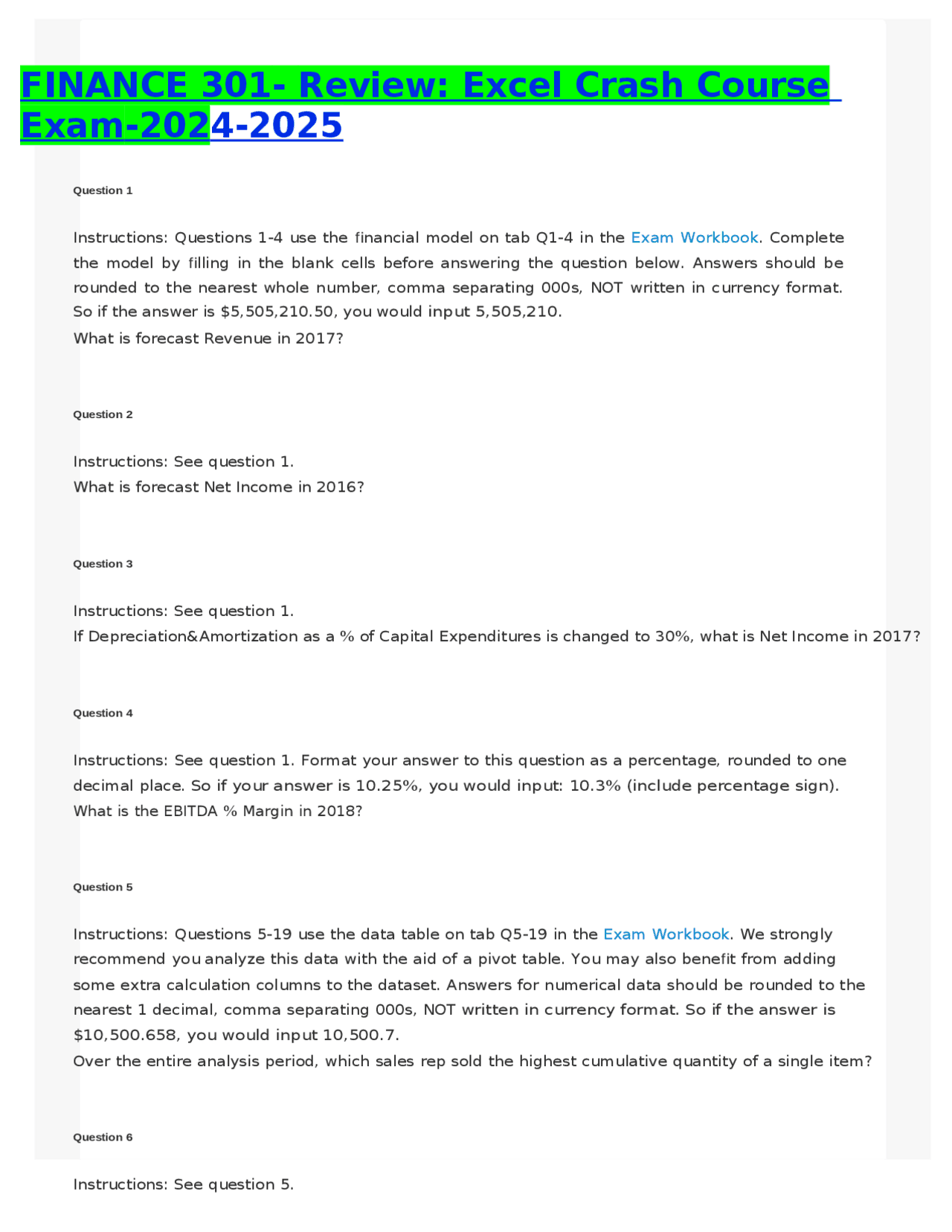 FINANCE 301- Review- Excel Crash Course Exam-2024-2025.docx | Exams ...