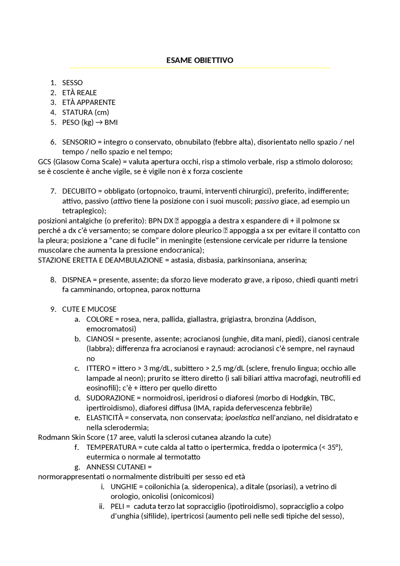 riassunto esame obiettivo | Schemi e mappe concettuali di Medicina Interna | Docsity