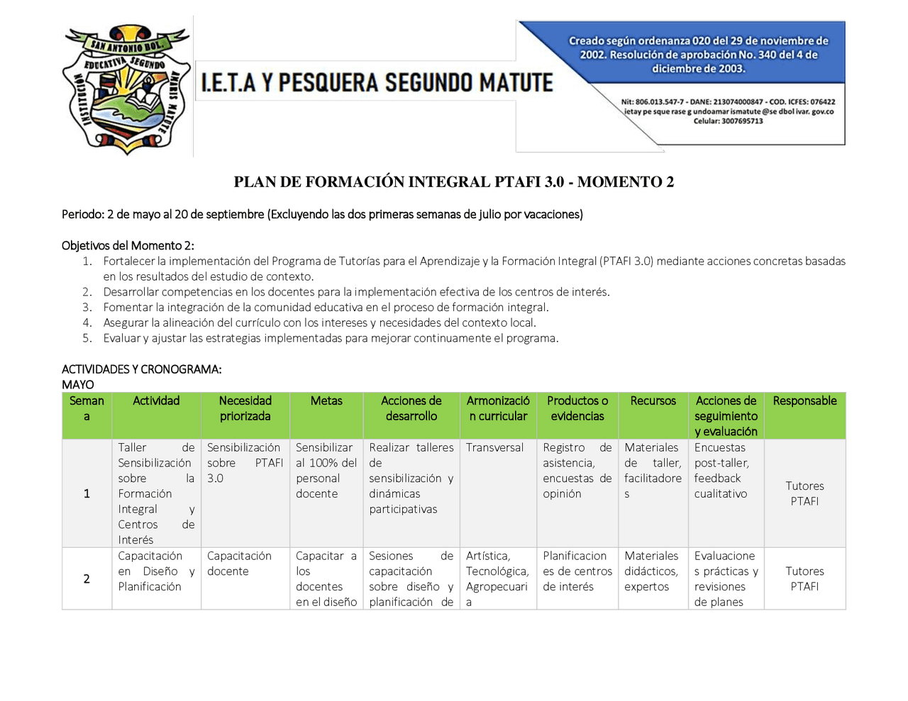 PLAN DE FORMACION INTEGRAL | Guías, Proyectos, Investigaciones de Matemáticas | Docsity
