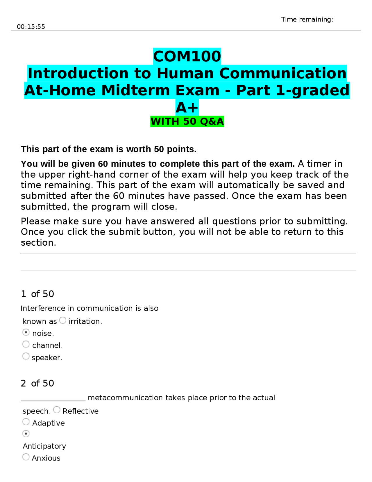 Introduction to Human Communication | Exams Advanced Education | Docsity