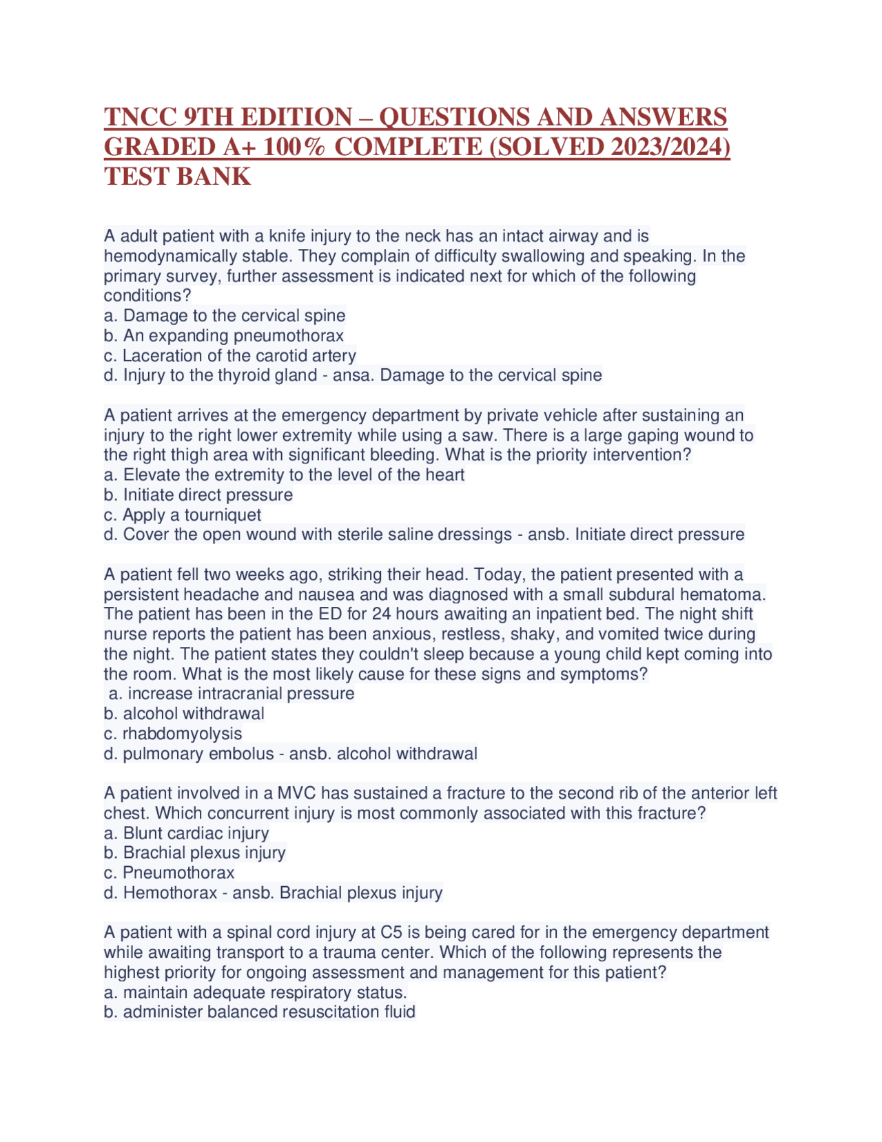 TNCC 9TH EDITION – QUESTIONS AND ANSWERS GRADED A+ 100% (SOLVED 2023 ...