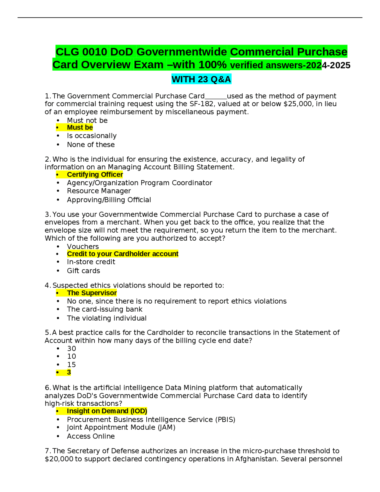 CLG 0010 DoD Governmentwide Commercial Purchase Card Overview Exam ...