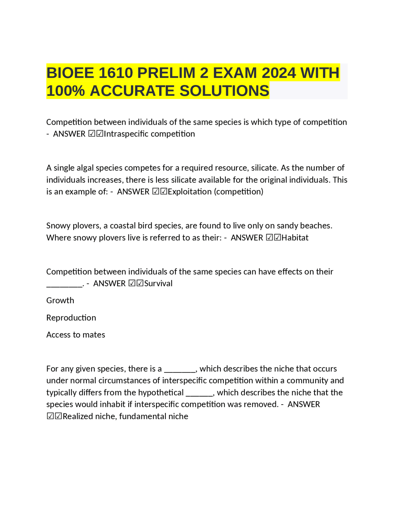 BIOEE 1610 PRELIM 2 EXAM 2024 WITH 100% ACCURATE SOLUTIONS | Exams ...