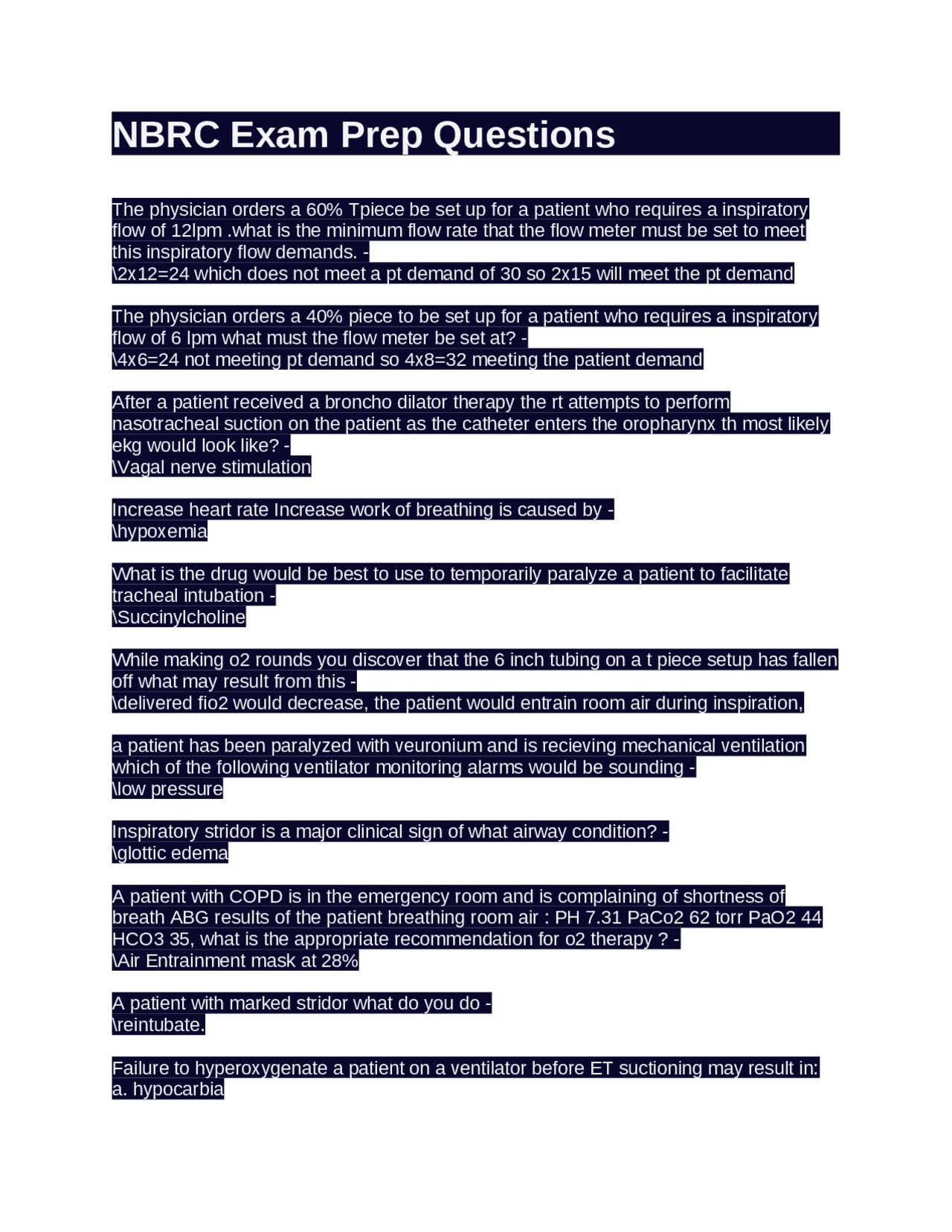 NBRC Exam Prep Questions with Answers | Exams Medicine | Docsity