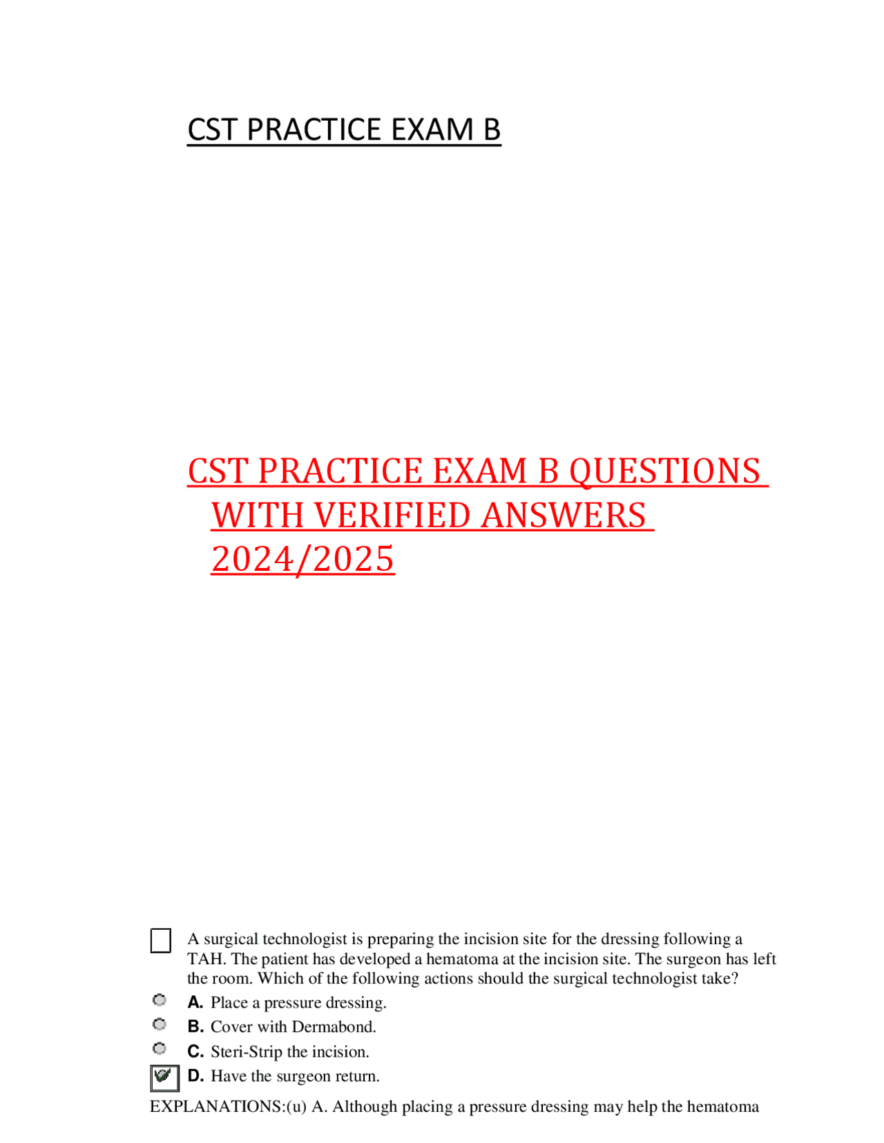 CST PRACTICE EXAM B QUESTIONS WITH VERIFIED ANSWERS 2024/2025 | Exams ...