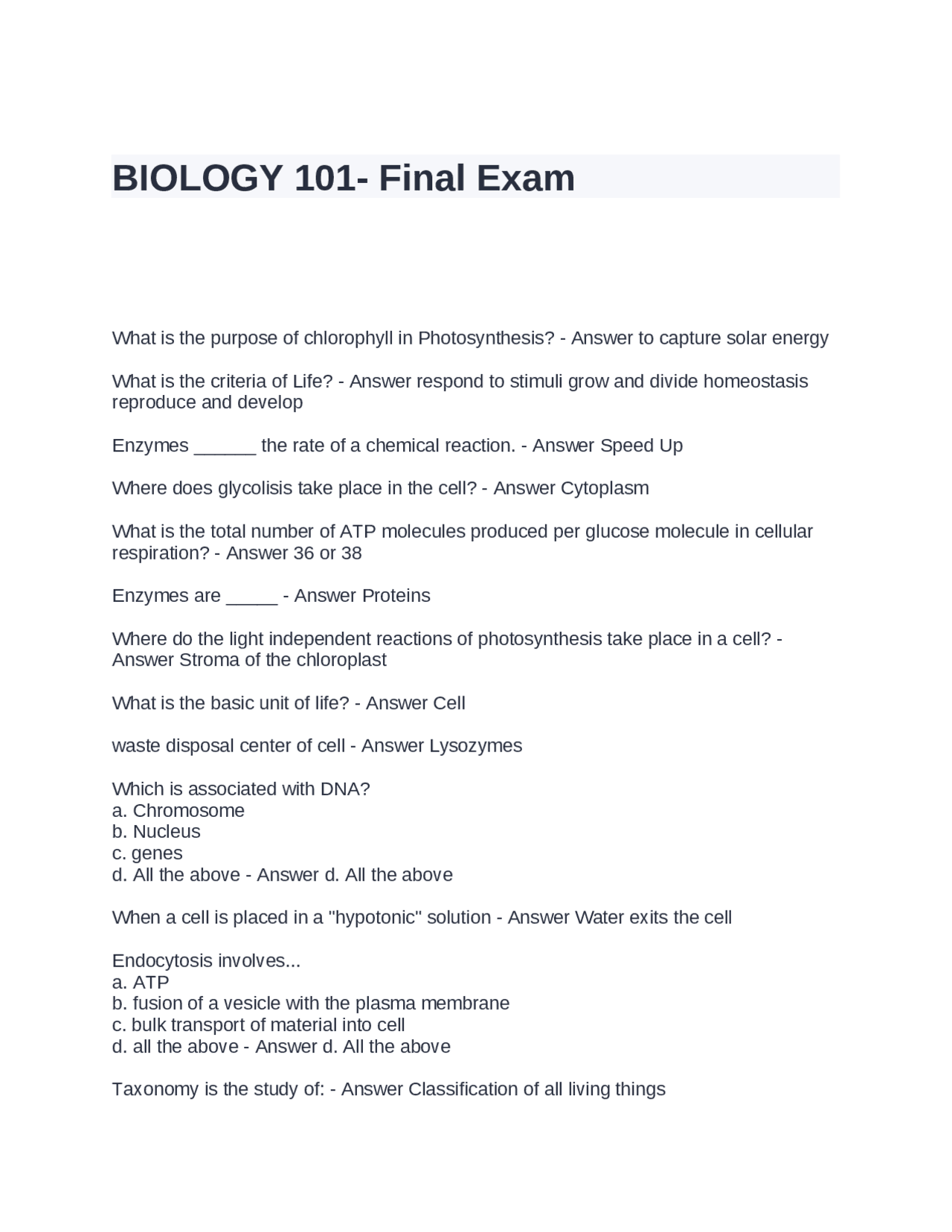 BIOLOGY 101- Final Exam Questions and Answers | Exams Nursing | Docsity
