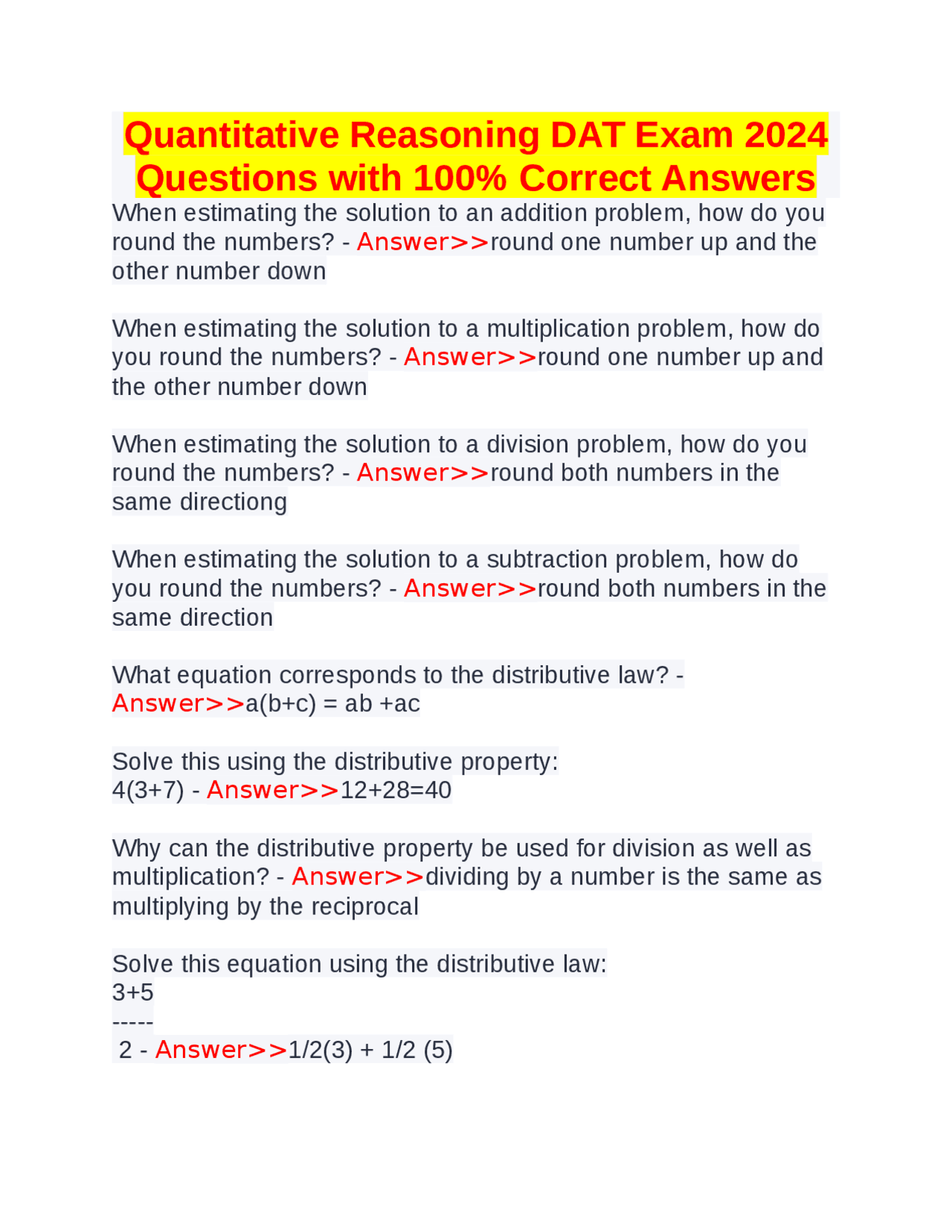 Quantitative Reasoning DAT Exam 2024 Questions with 100% Correct ...