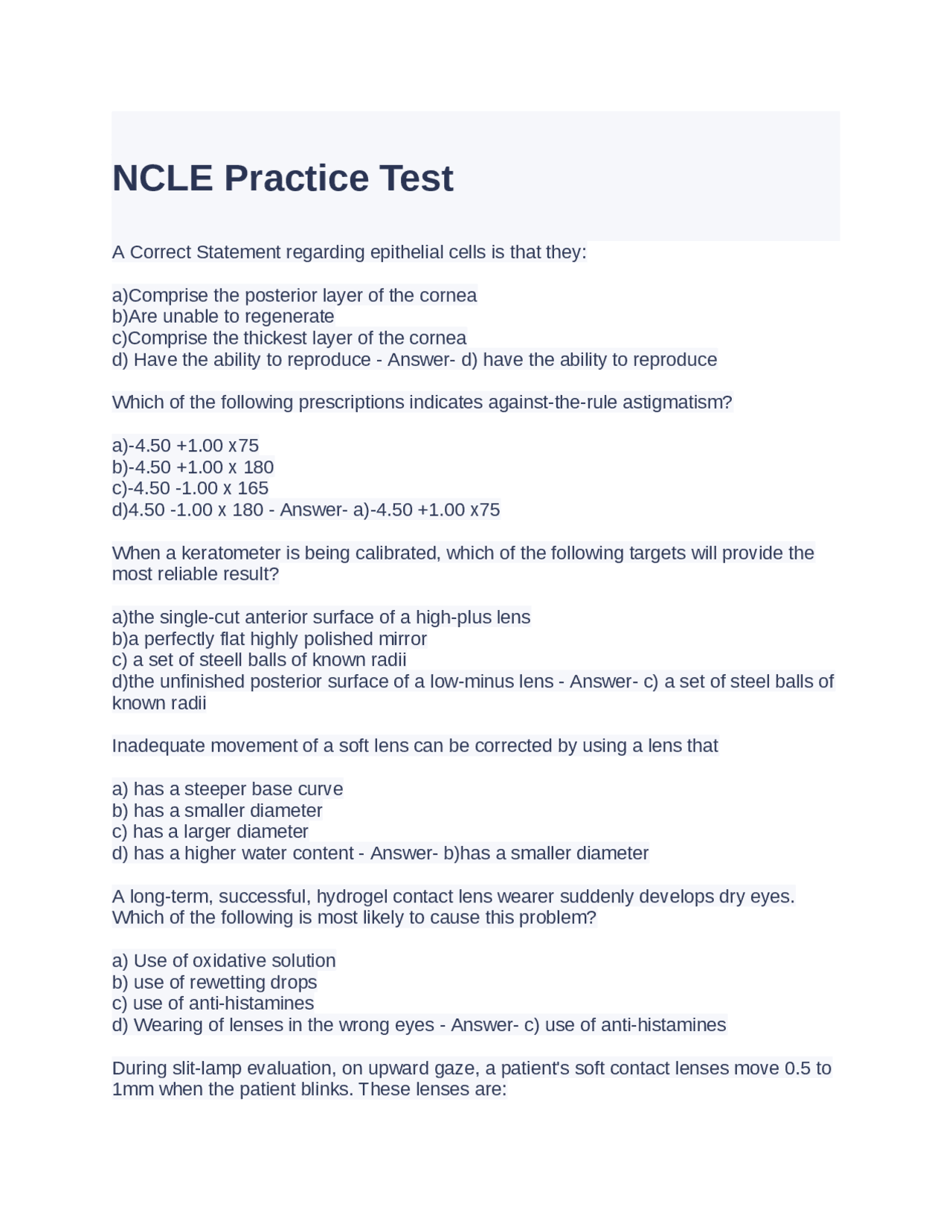 NCLE Practice Test 100 solved | Exams Nursing | Docsity