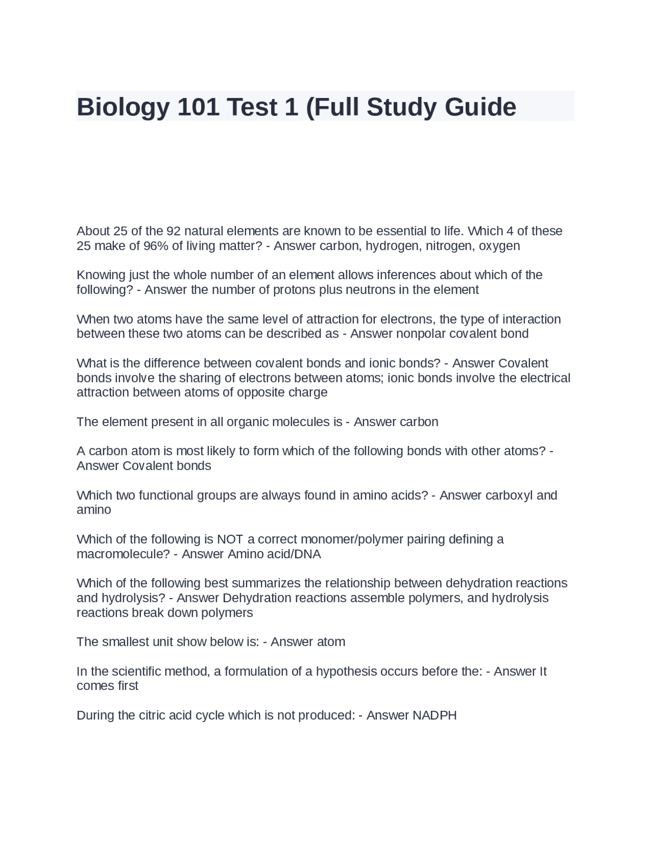 Biology 101 Test 1 (Full Study Guide) Questions and Answers | Exams ...