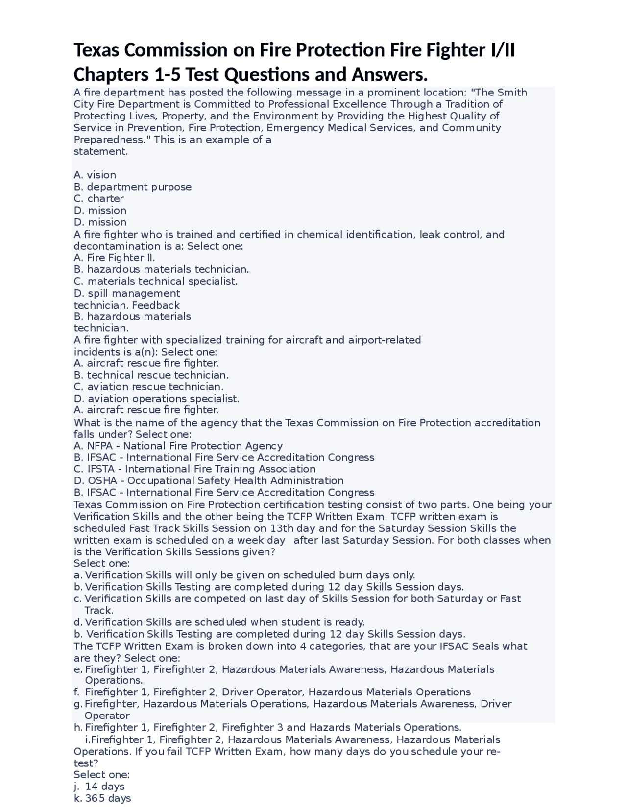 Texas Commission on Fire Protection Fire Fighter I/II Chapters 1-5 Test ...