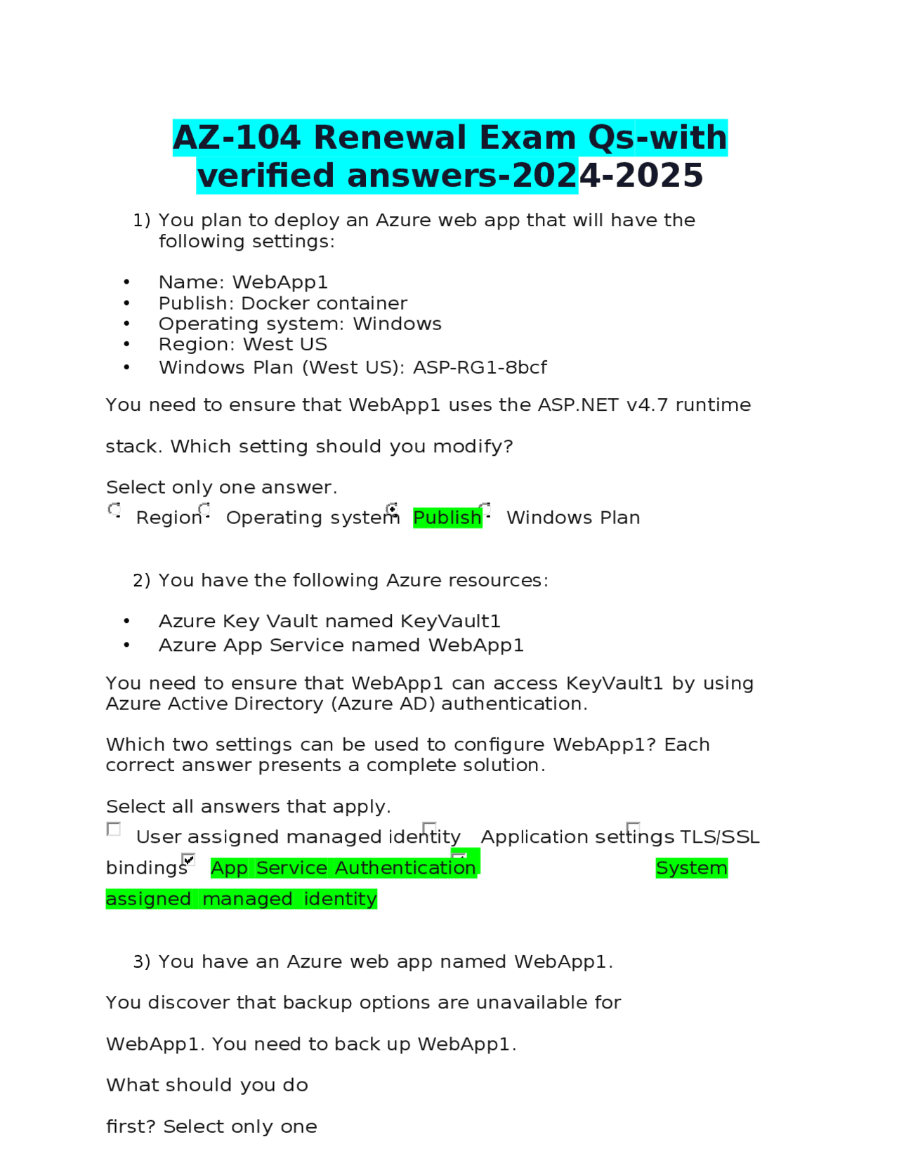 AZ-104 Renewal Exam Qs-with verified answers-2024-2025.docx | Exams ...