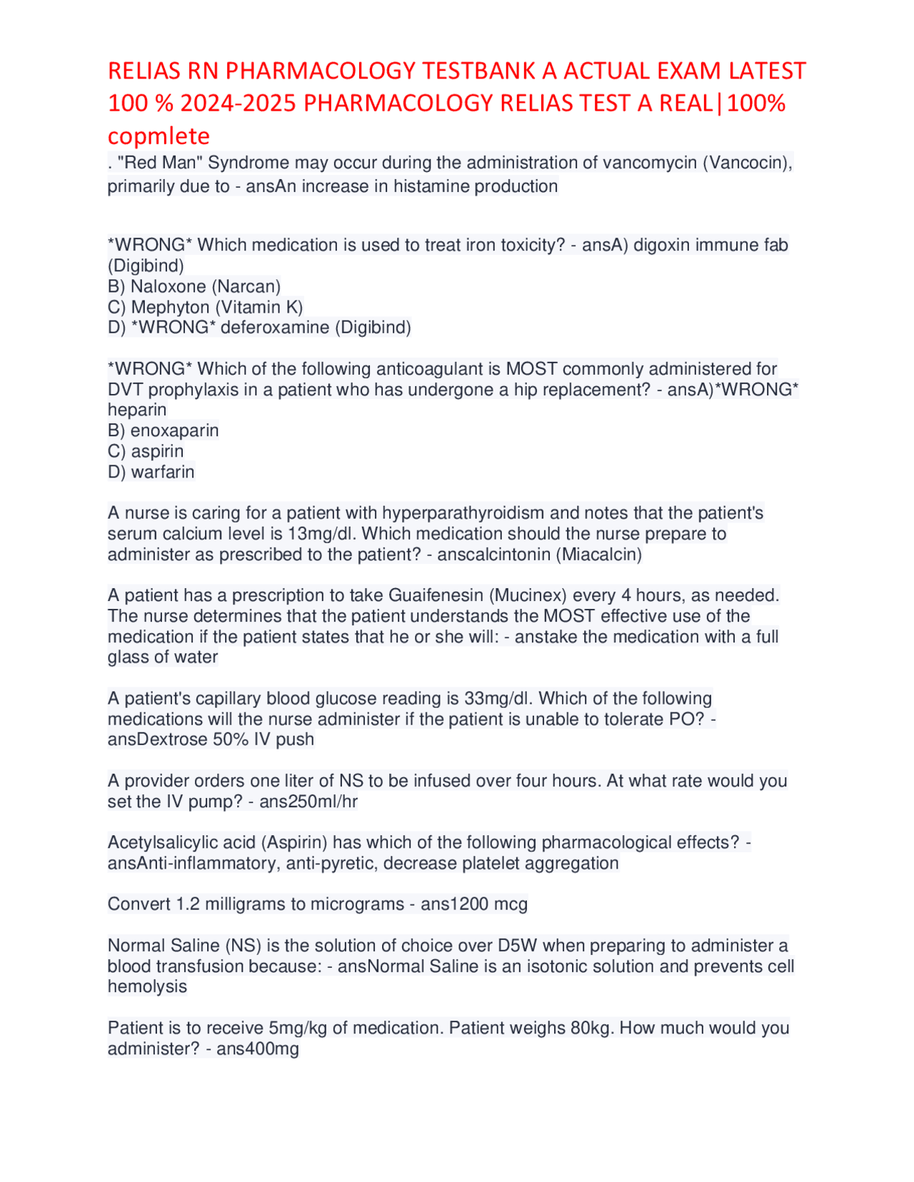 RELIAS RN PHARMACOLOGY TEST A ACTUAL EXAM LATEST 100 % 2024-2025 ...