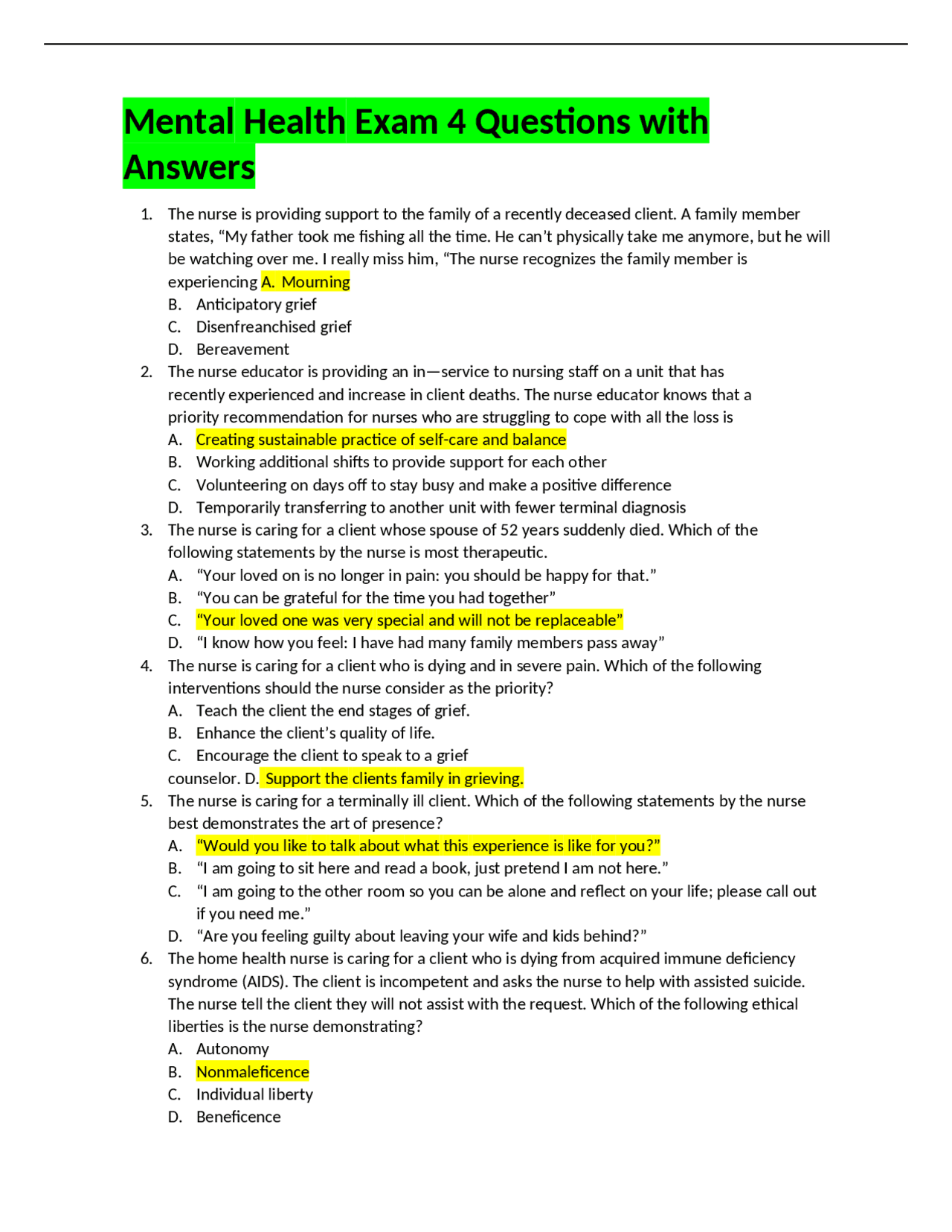 Mental Health Exam 4 Questions with Answers | Exams Health psychology ...