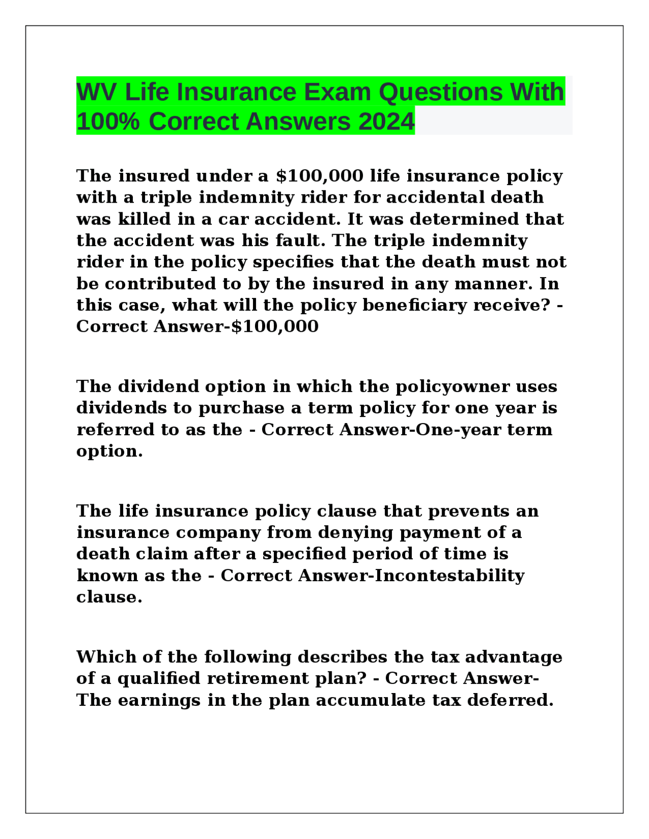 WV Life Insurance Exam Questions With 100% Correct Answers 2024 | Exams ...