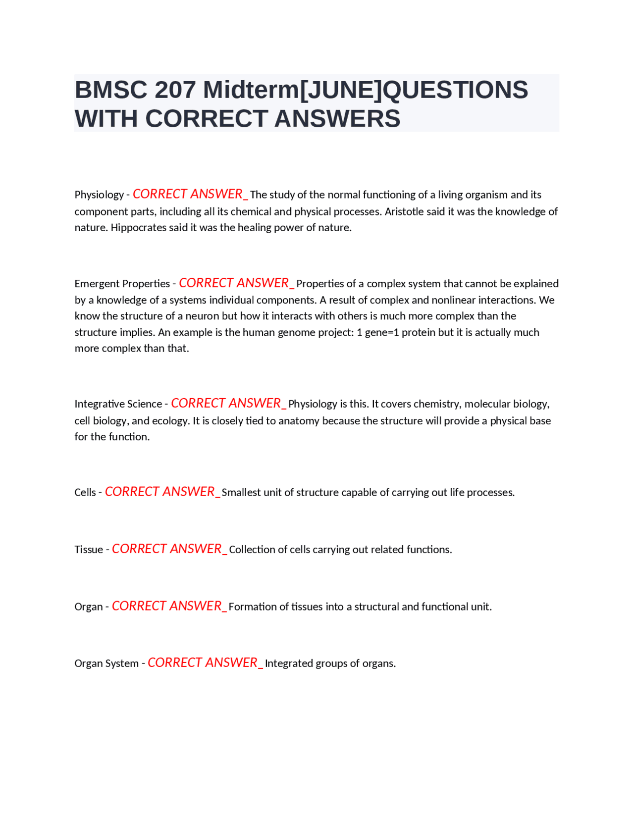 BMSC 207 Midterm[JUNE]QUESTIONS WITH CORRECT ANSWERS | Exams Nursing | Docsity