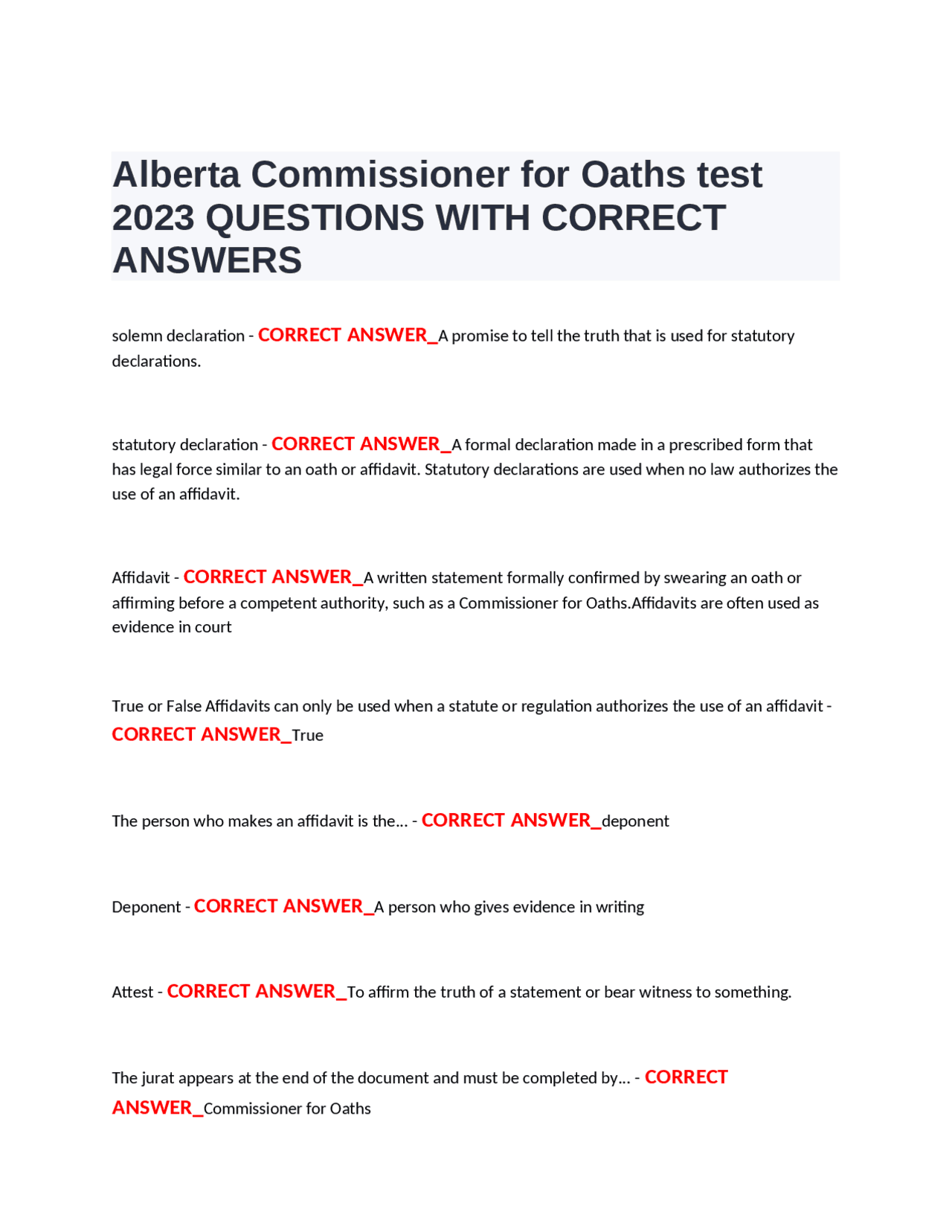 Alberta Commissioner for Oaths test 2023 QUESTIONS WITH CORRECT ANSWERS ...