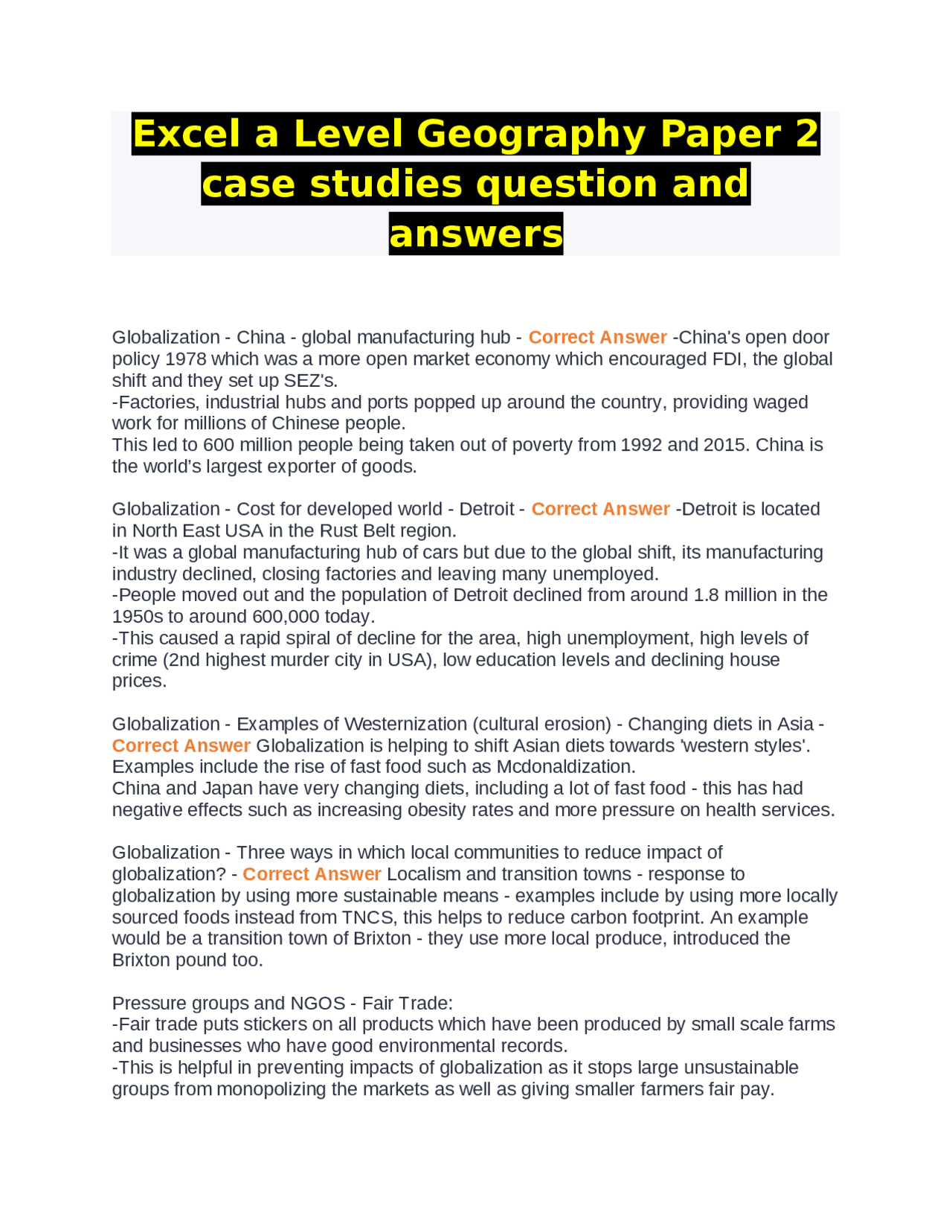 Excel a Level Geography Paper 2 case studies question and answers ...